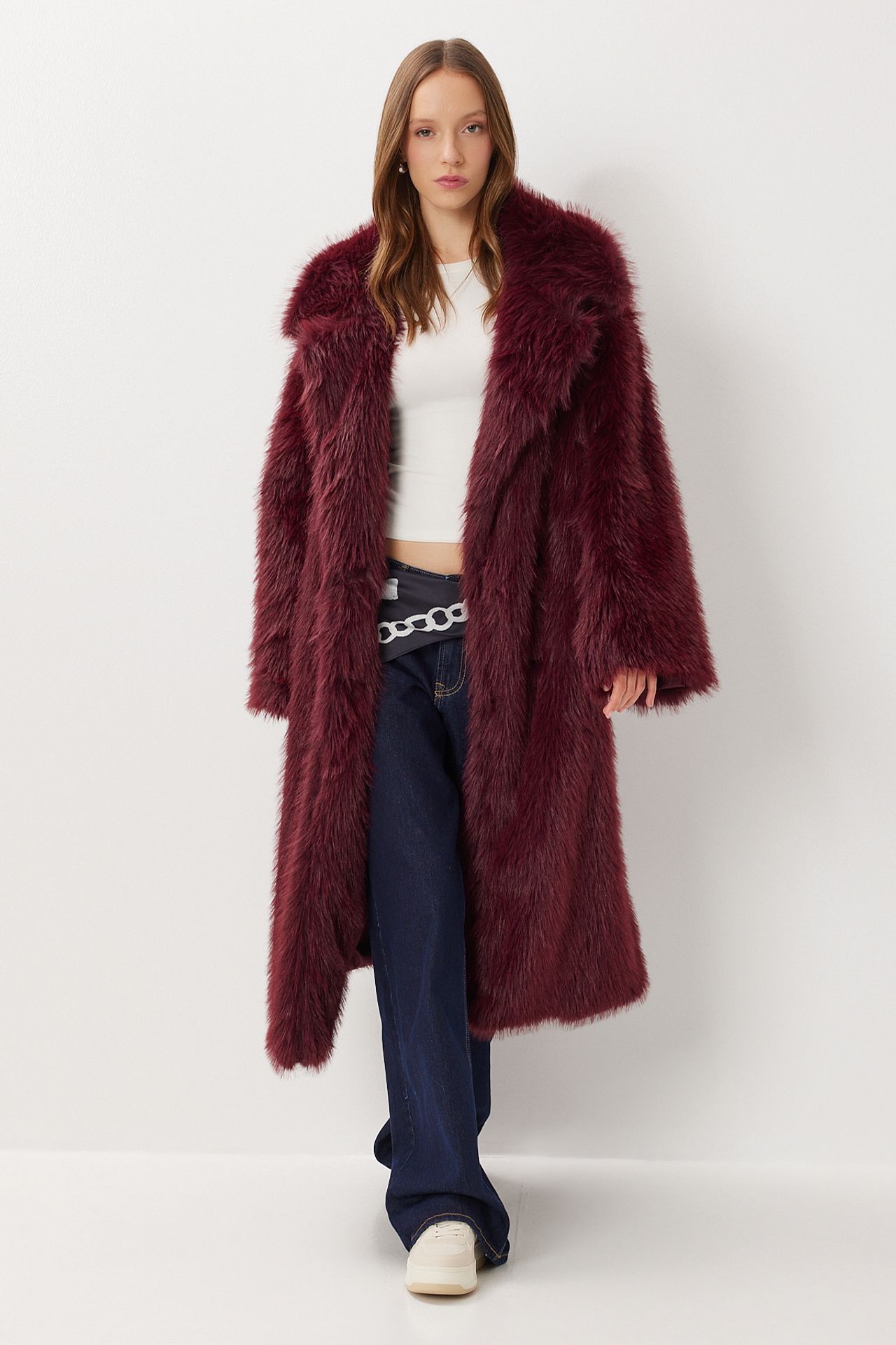 HiCCUP - Burgundy Red Istanbul Textured Oversized Long Faux Fur Jacket ...
