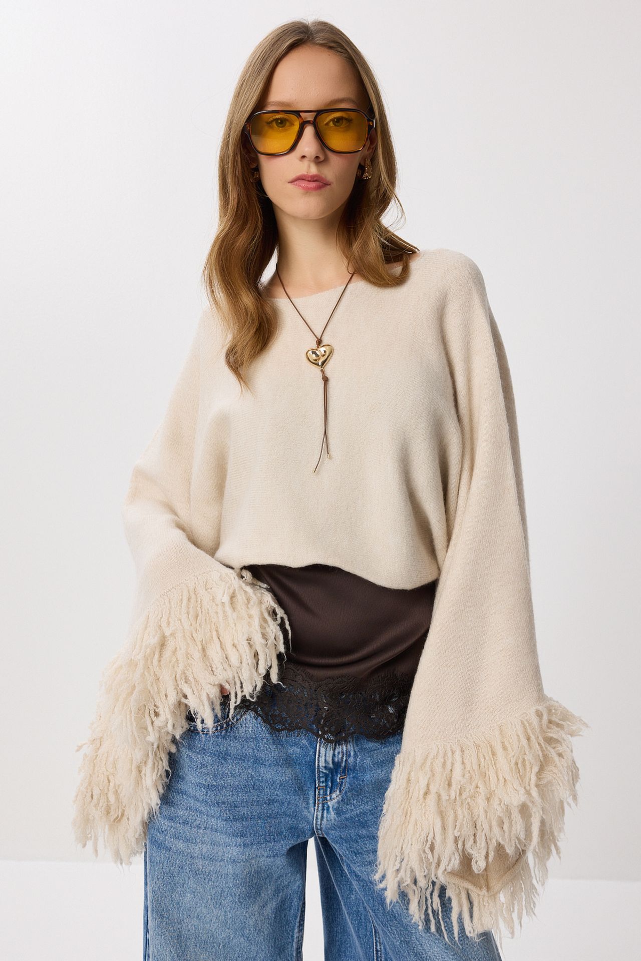 HiCCUP - Stone Natural Istanbul Textured Crop Sweater With Tassels Women