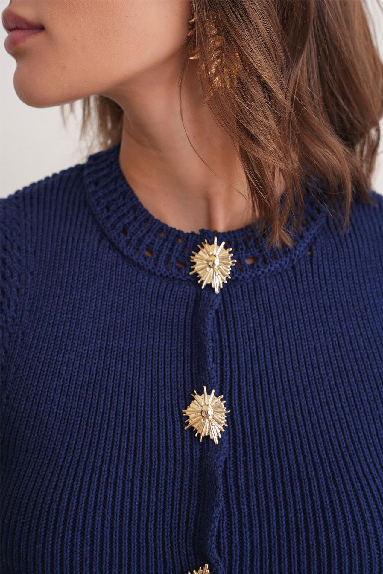 HiCCUP - Navy Blue Mixray Textured Knit Crop Top With Button Details Women