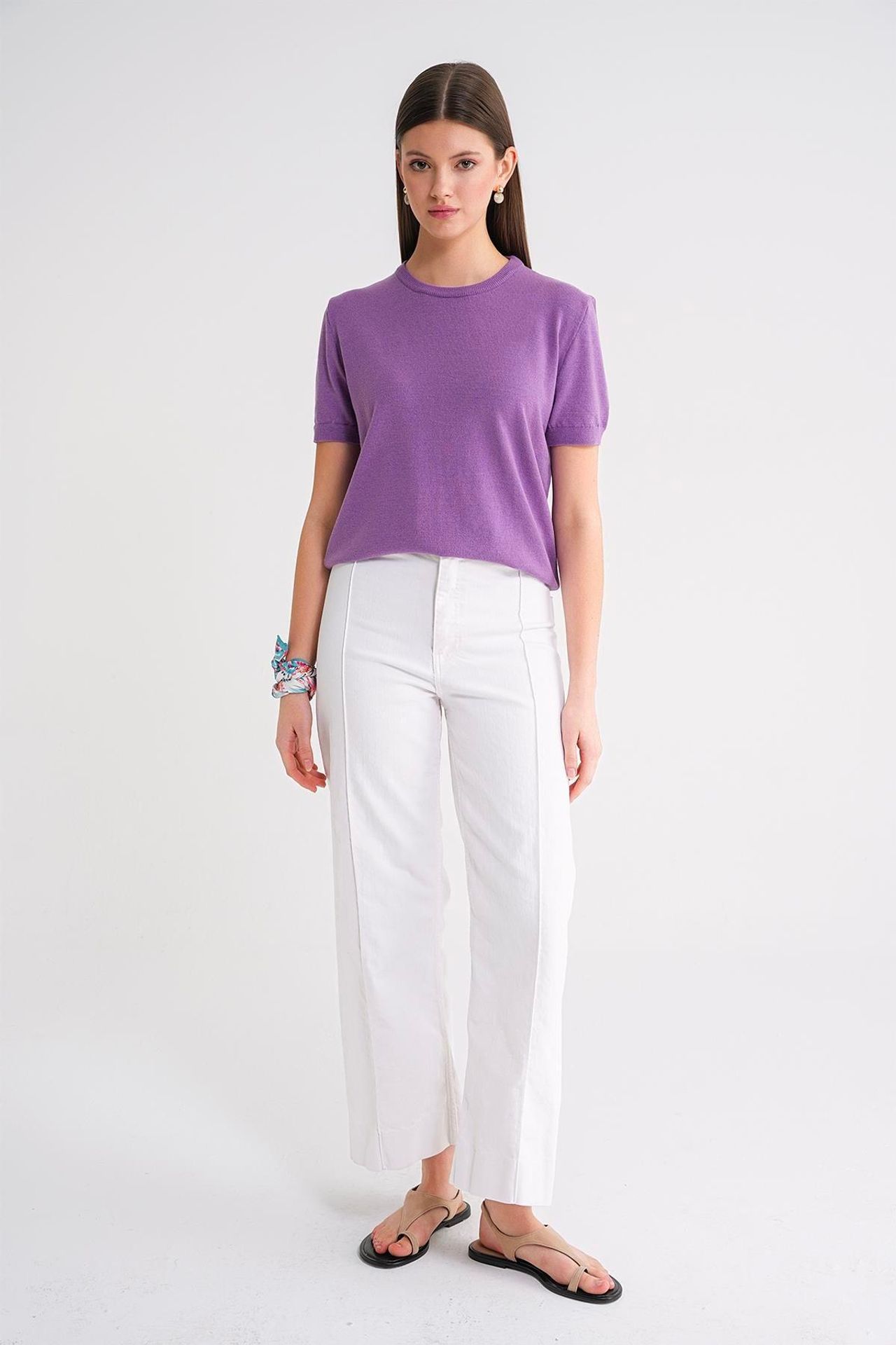 HiCCUP - Lavender Purple Mixray Crew Neck Short Sleeve Knit Sweater Women