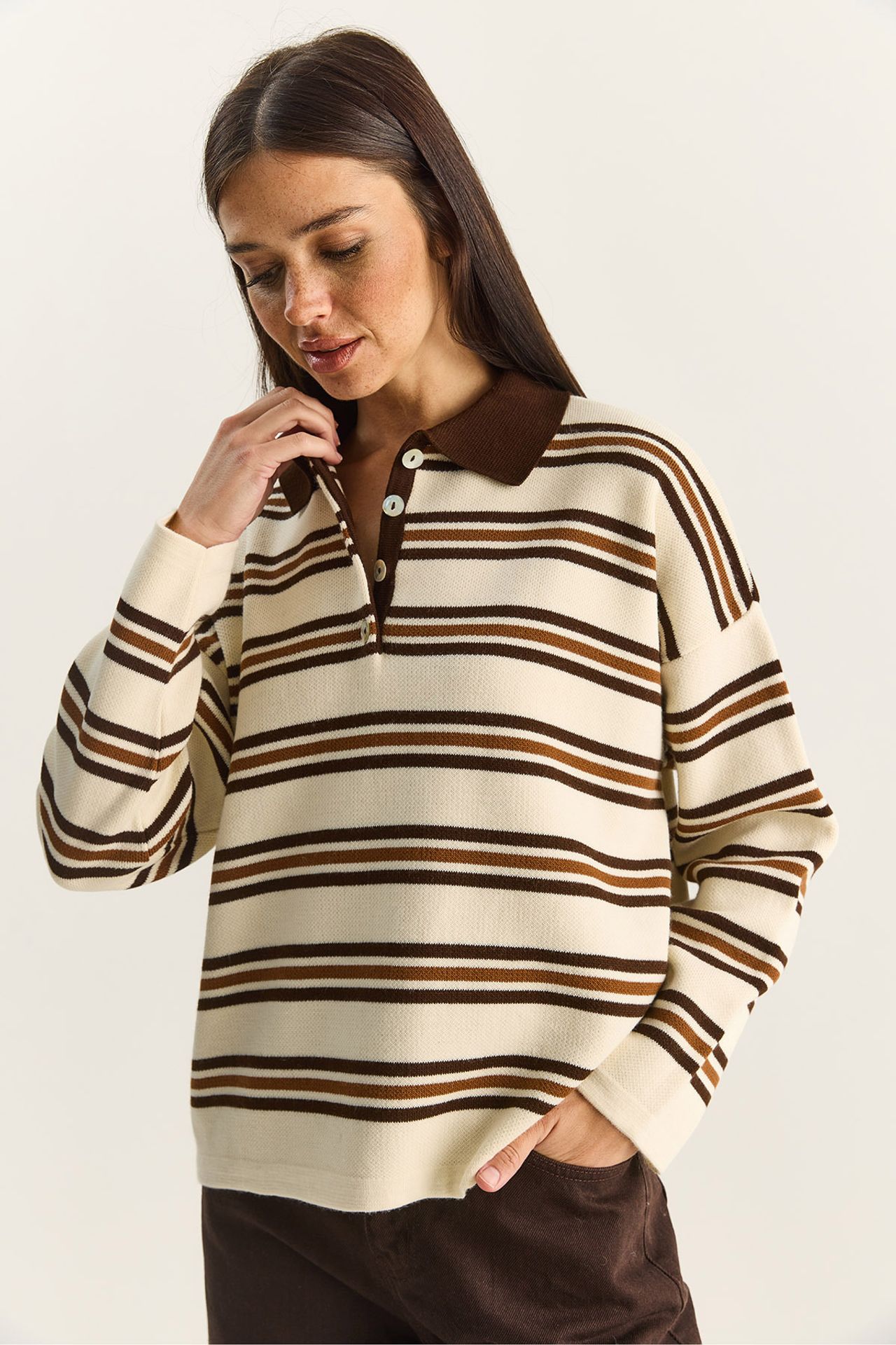 HiCCUP - Cream Natural Lucci Striped Polo Collar Button Sweater Women