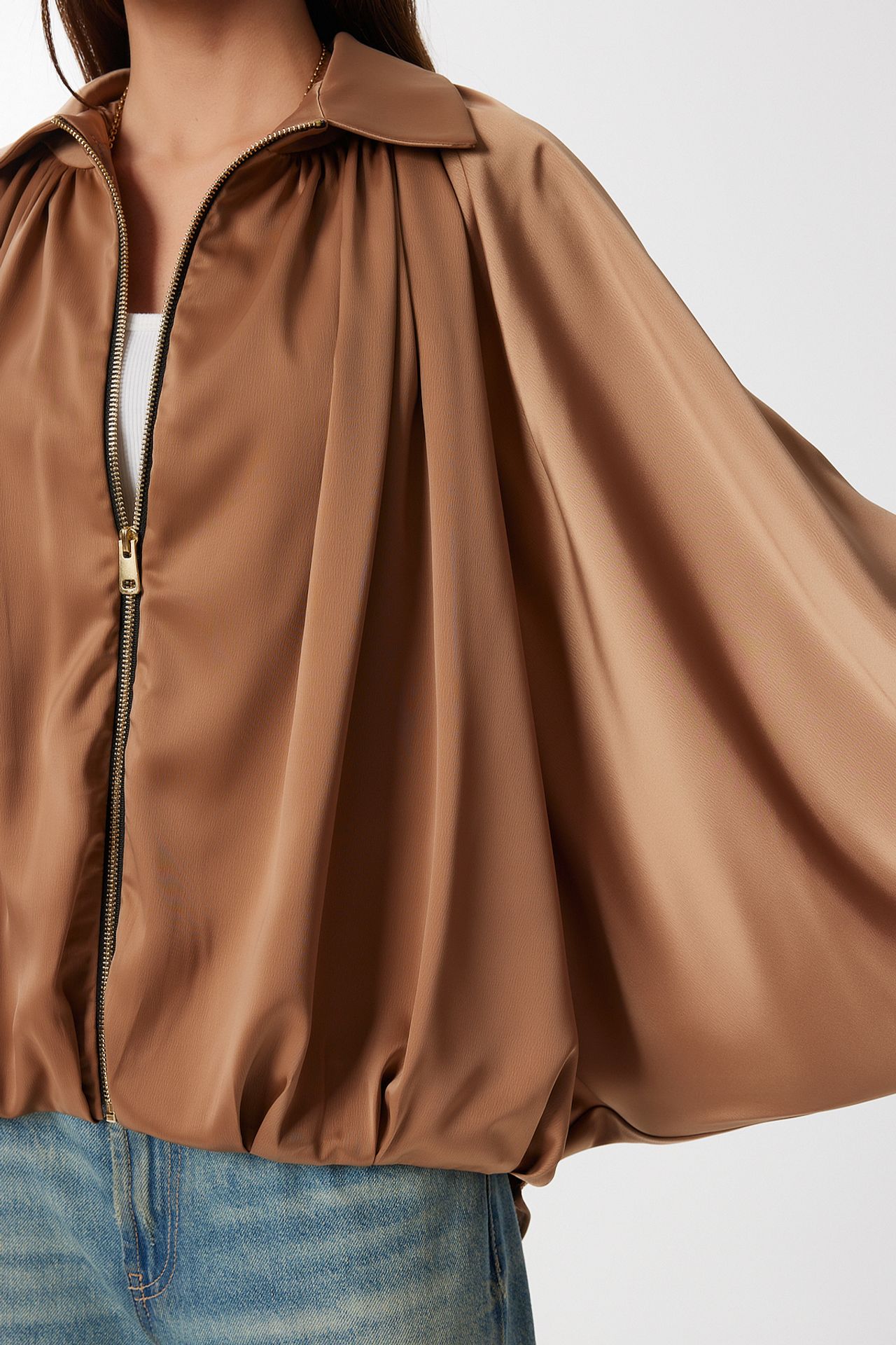 HiCCUP - Camel Brown Istanbul Satin Weave Bomber Jacket With Zipper ...