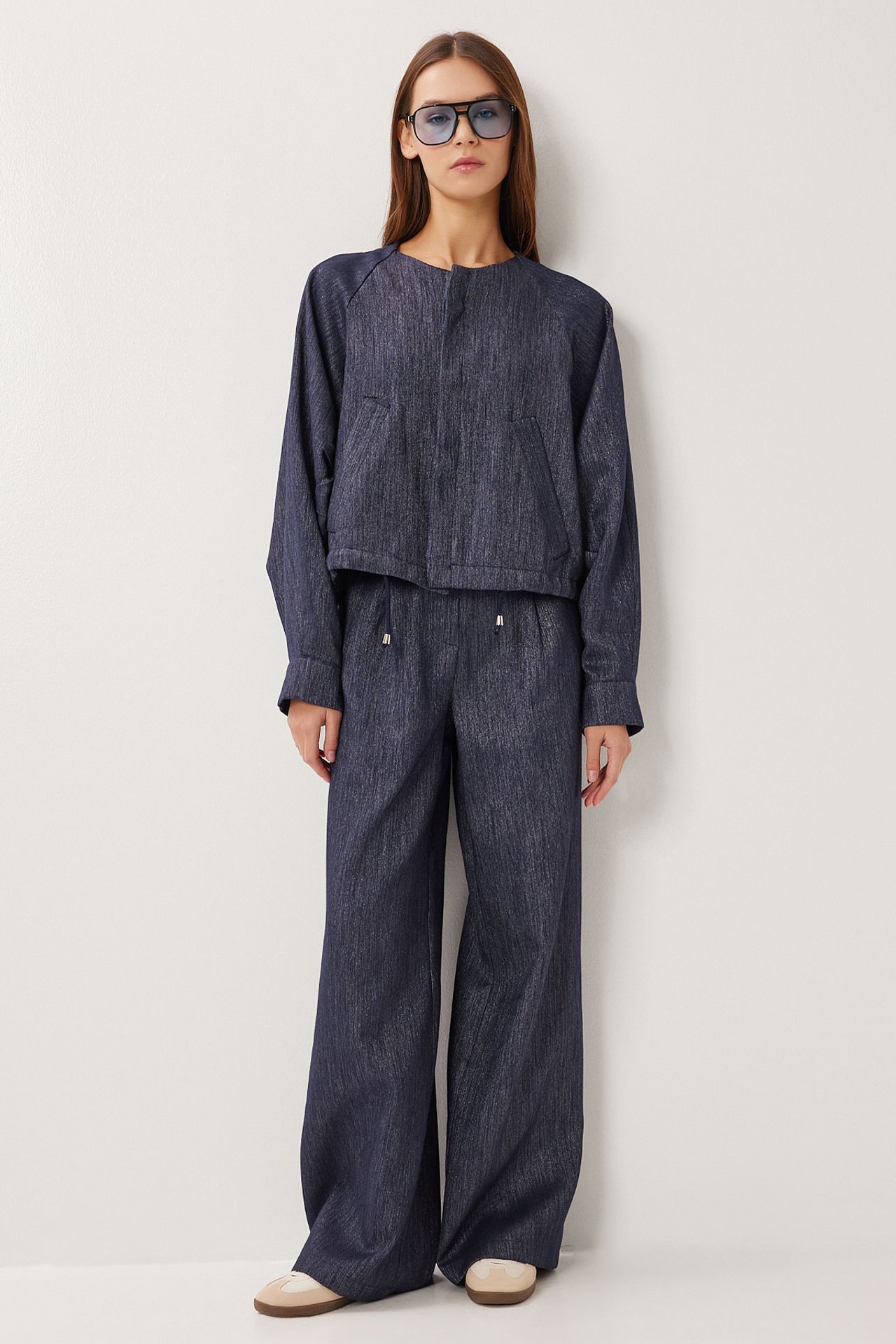 HiCCUP - Navy Blue Istanbul Buttoned Jacket Wide Leg Satin Look Two ...