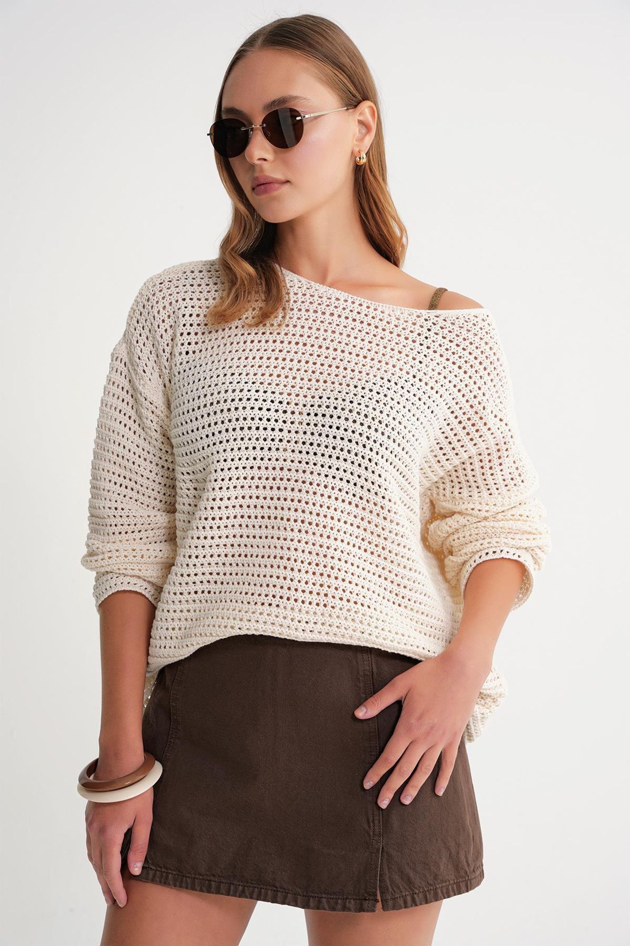 HiCCUP - Natural Mixray Openwork Boat Neck Drop Shoulder Crop Knit Top ...