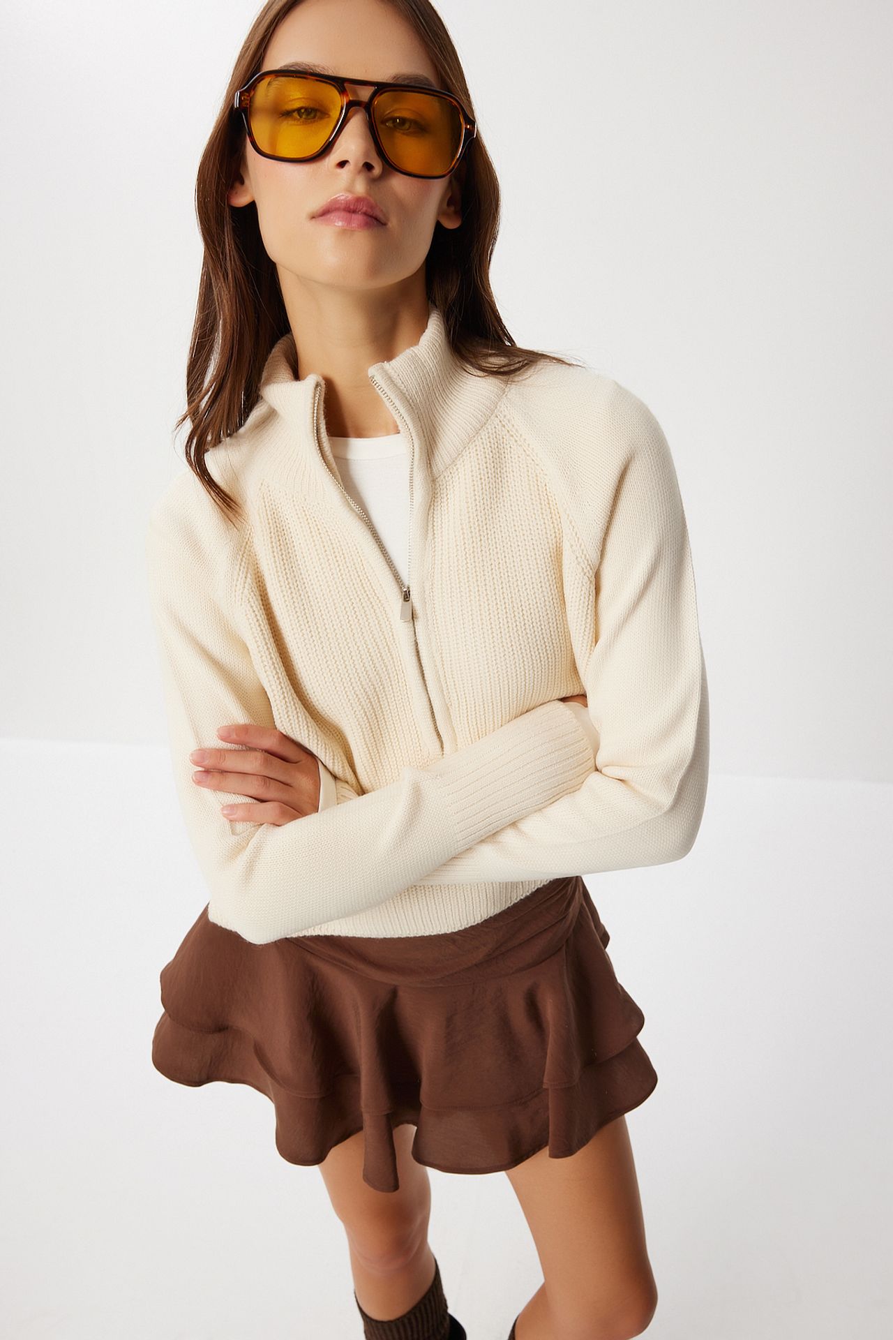 HiCCUP - Cream Natural Istanbul Ribbed Zipper Collar Knit Sweater Women