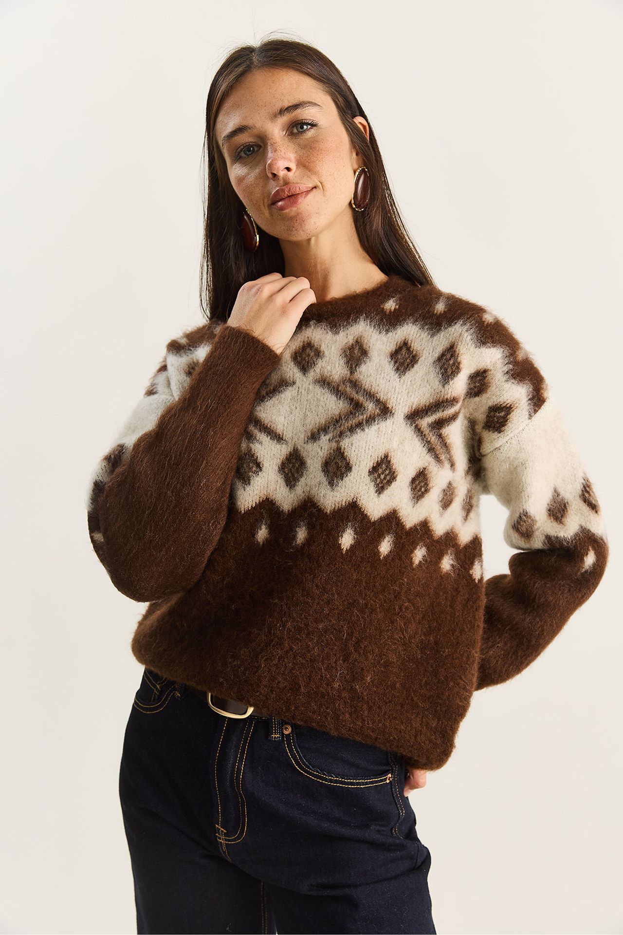 HiCCUP - Natural Lucci Ethnic Pattern Thick Knit Sweater With Crew Neck ...