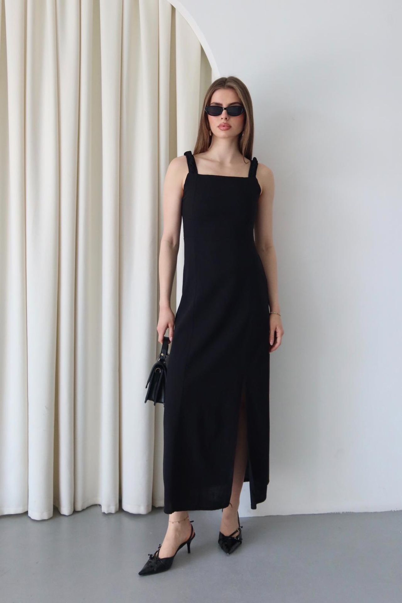 HiCCUP - Black My Fashion Maxi Dress With Square Collar And Tie Detail ...