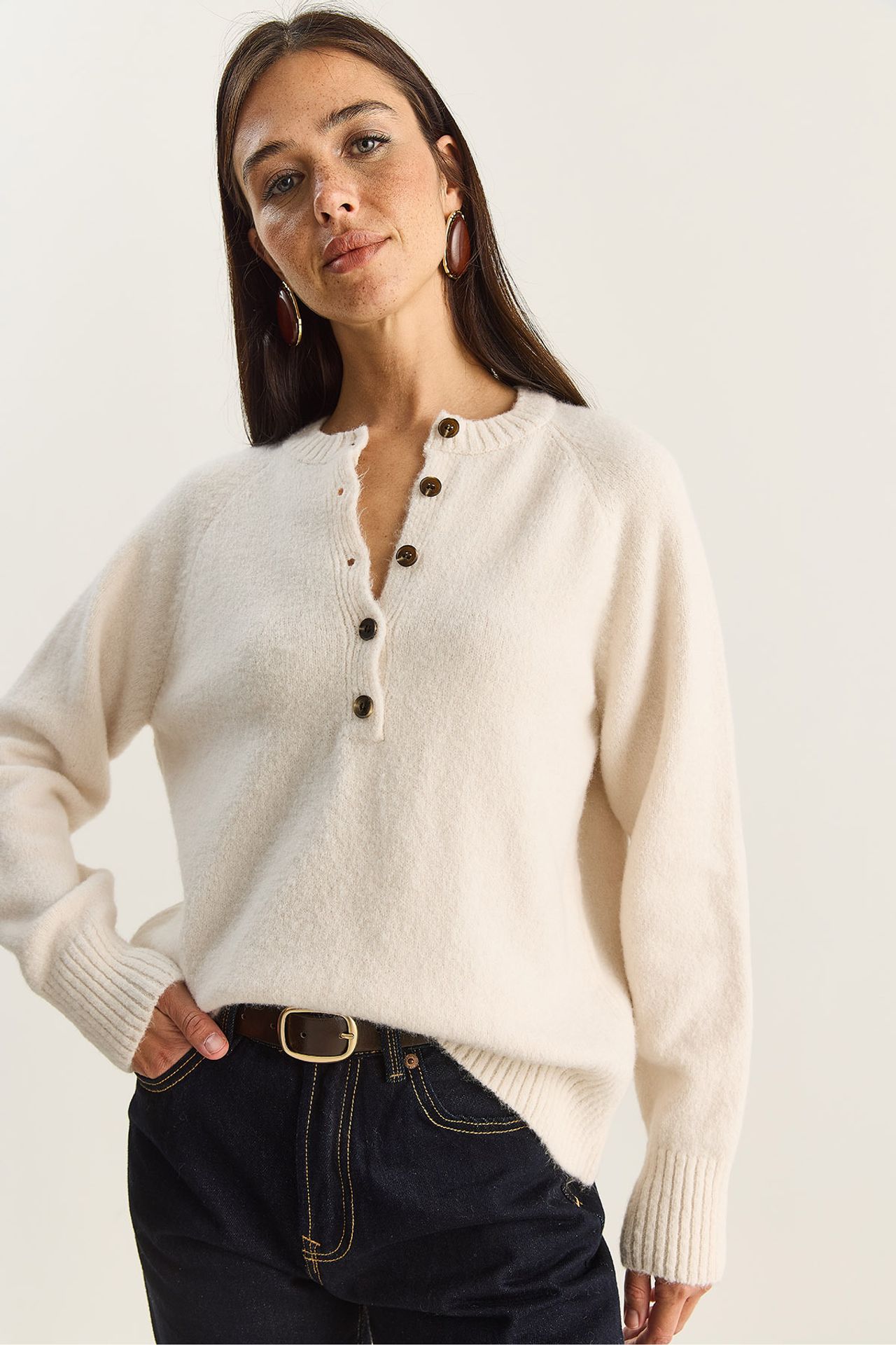 HiCCUP - Cream Natural Lucci Relaxed Fit Button Collar Knit Sweater Women
