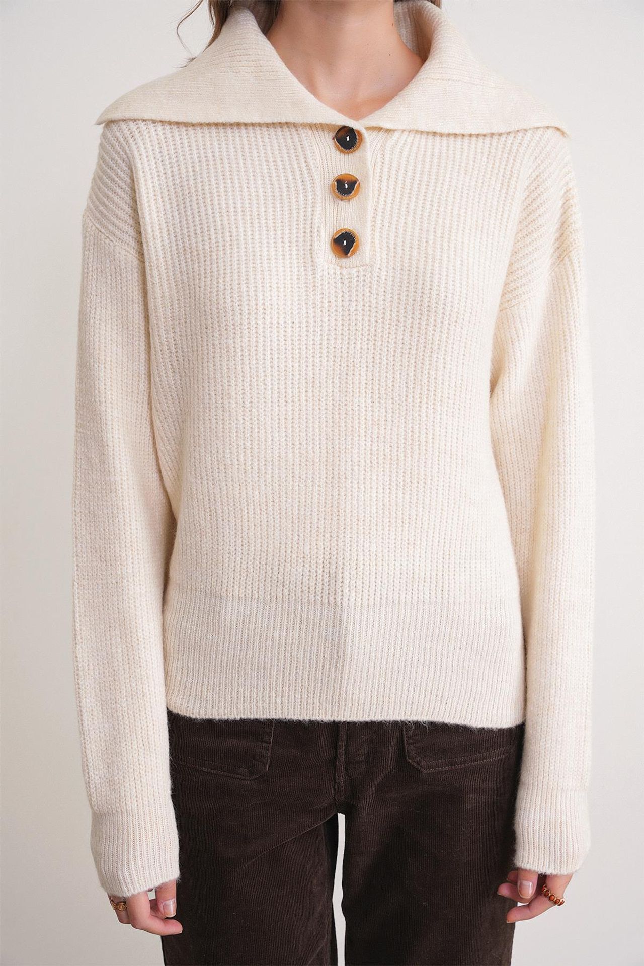 HiCCUP - Natural Mixray Buttoned Wide Collar Knit Sweater Women