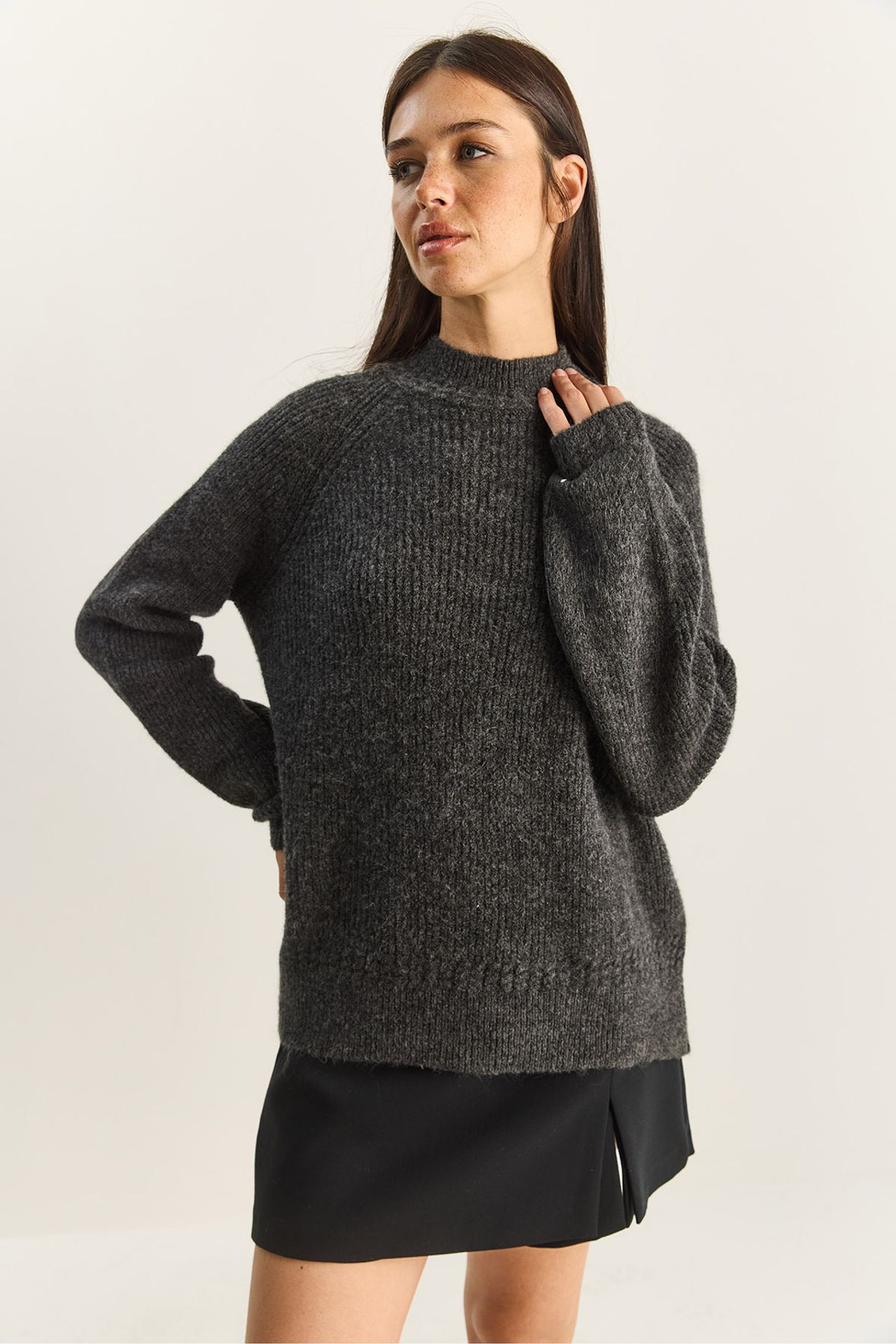 HiCCUP - Charcoal Grey Lucci Oversized Crew Neck Knit Sweater Women