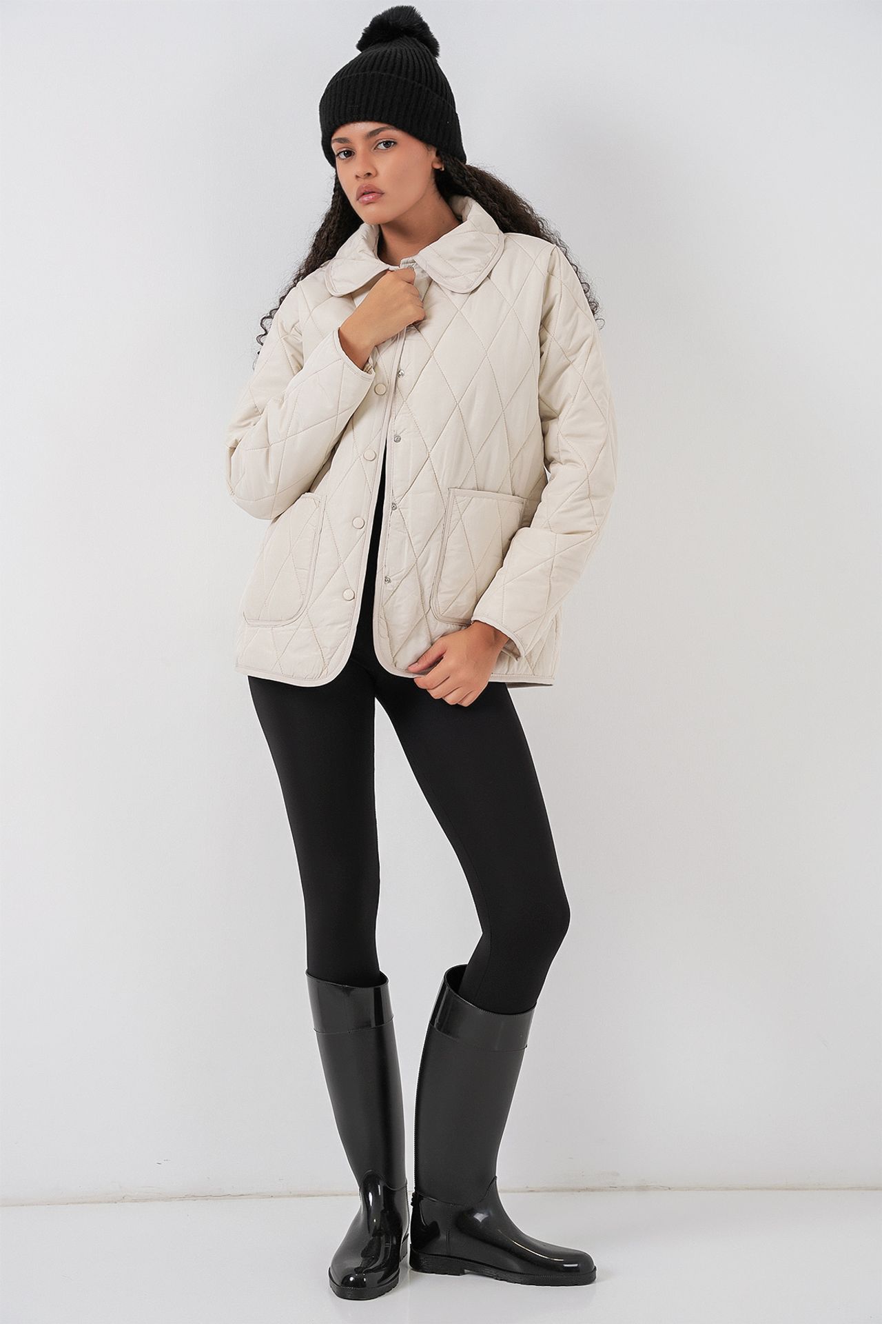HiCCUP - Ivory Natural Bdart Textured Puffer Down Coat With Collar ...