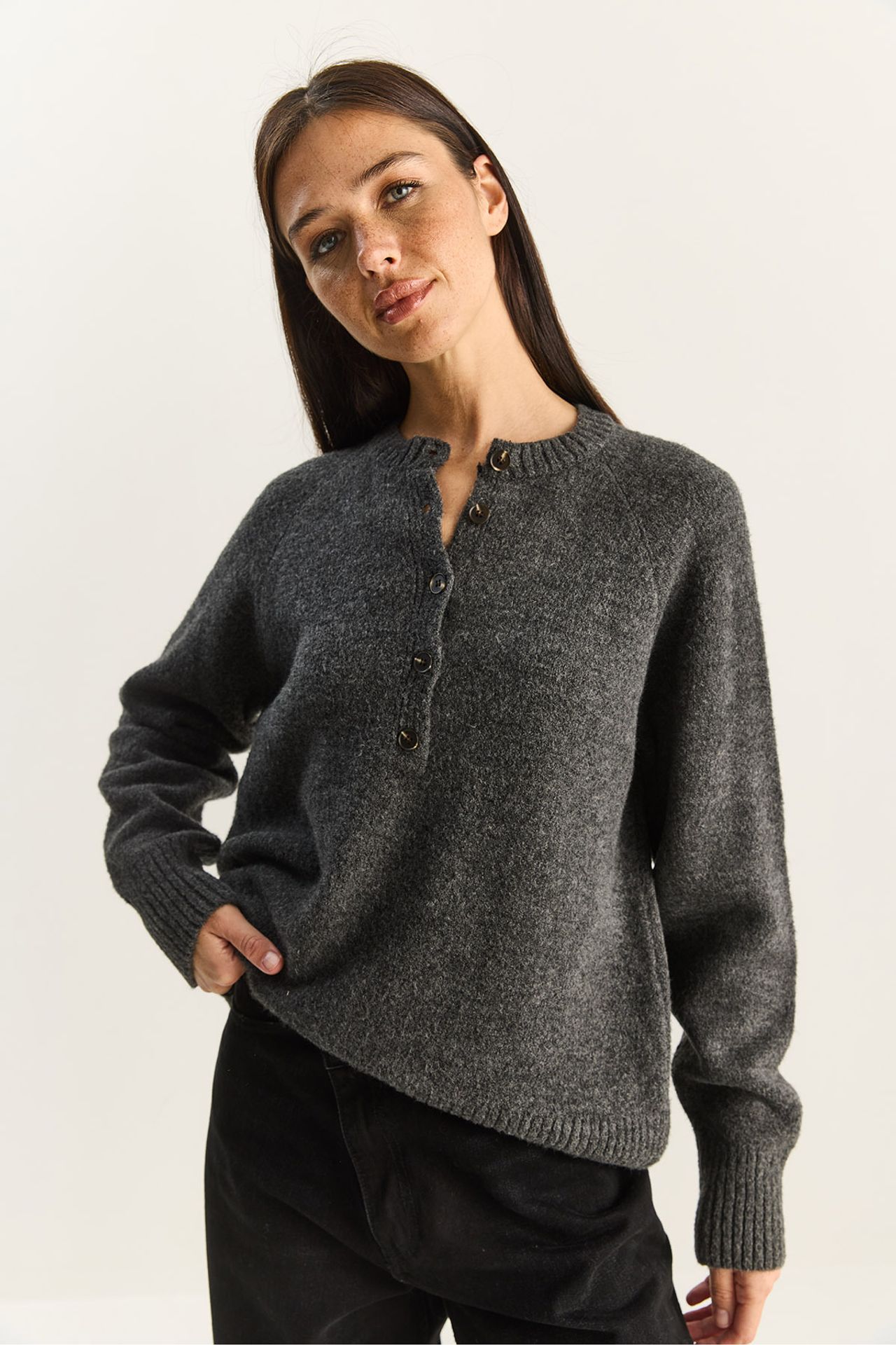 HiCCUP - Charcoal Grey Lucci Relaxed Fit Button Collar Knit Sweater Women
