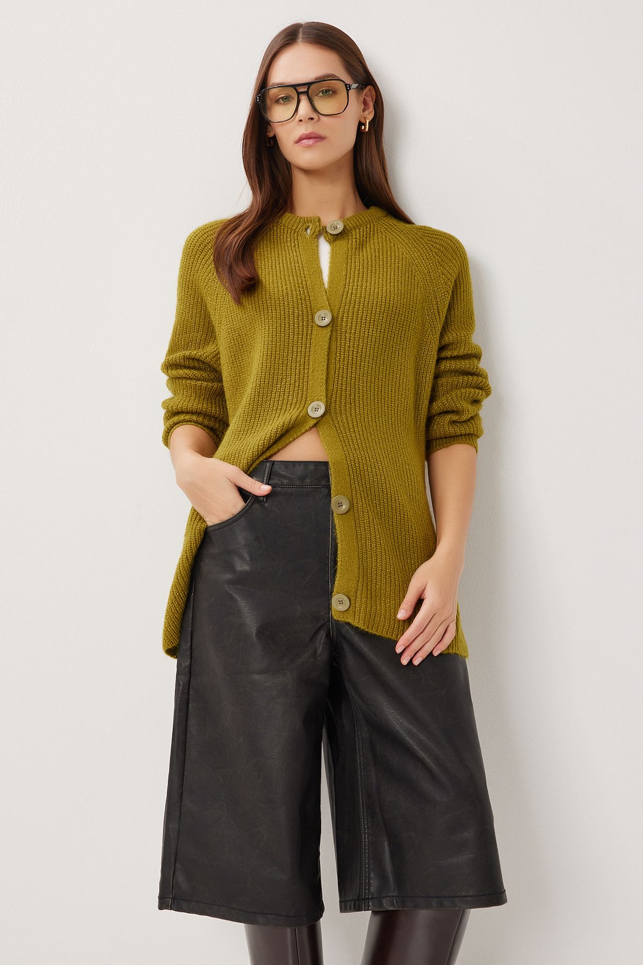 HiCCUP - Olive Green Istanbul Textured Ribbed Oversized Cardigan With ...