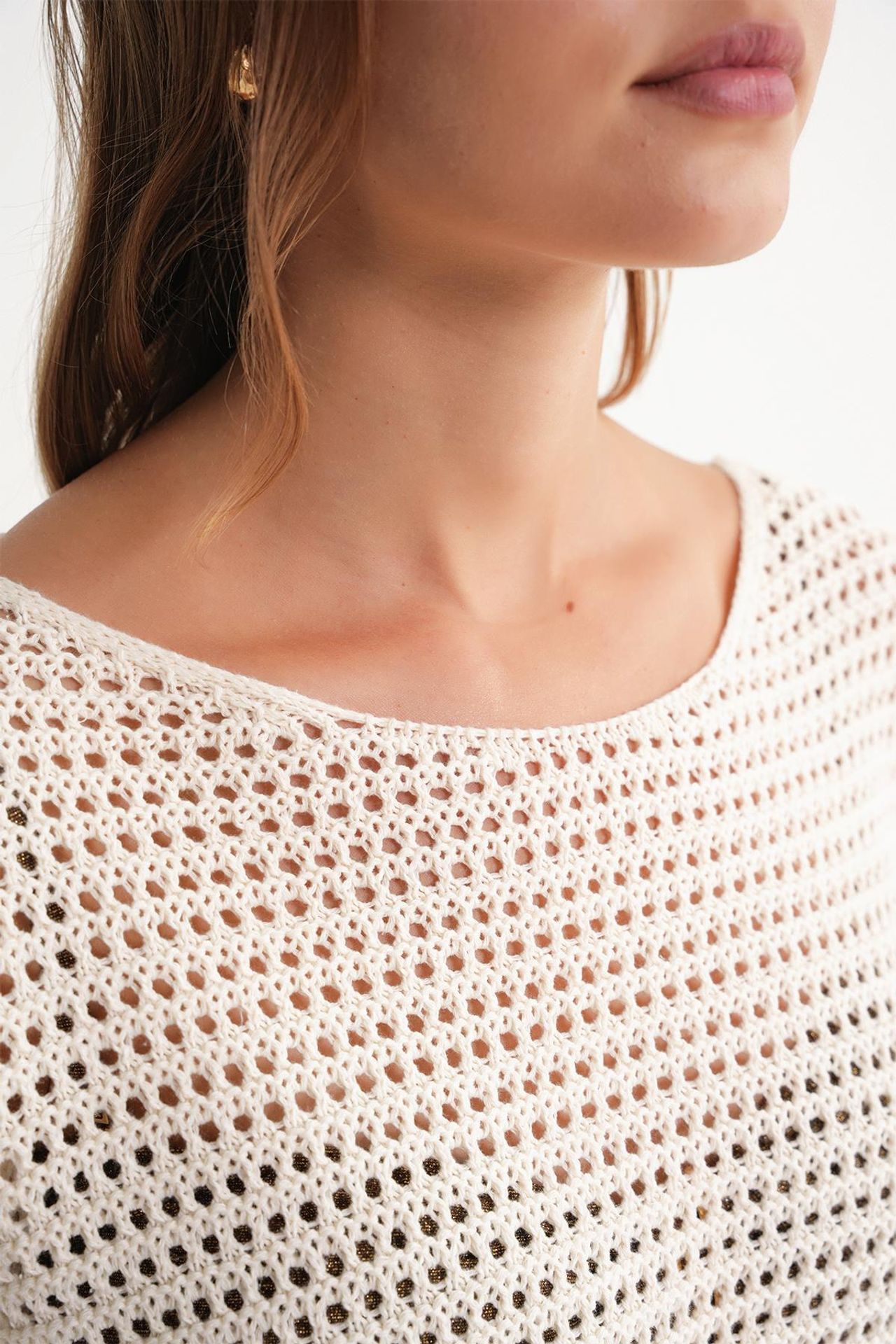 HiCCUP - Natural Mixray Openwork Boat Neck Drop Shoulder Crop Knit Top ...