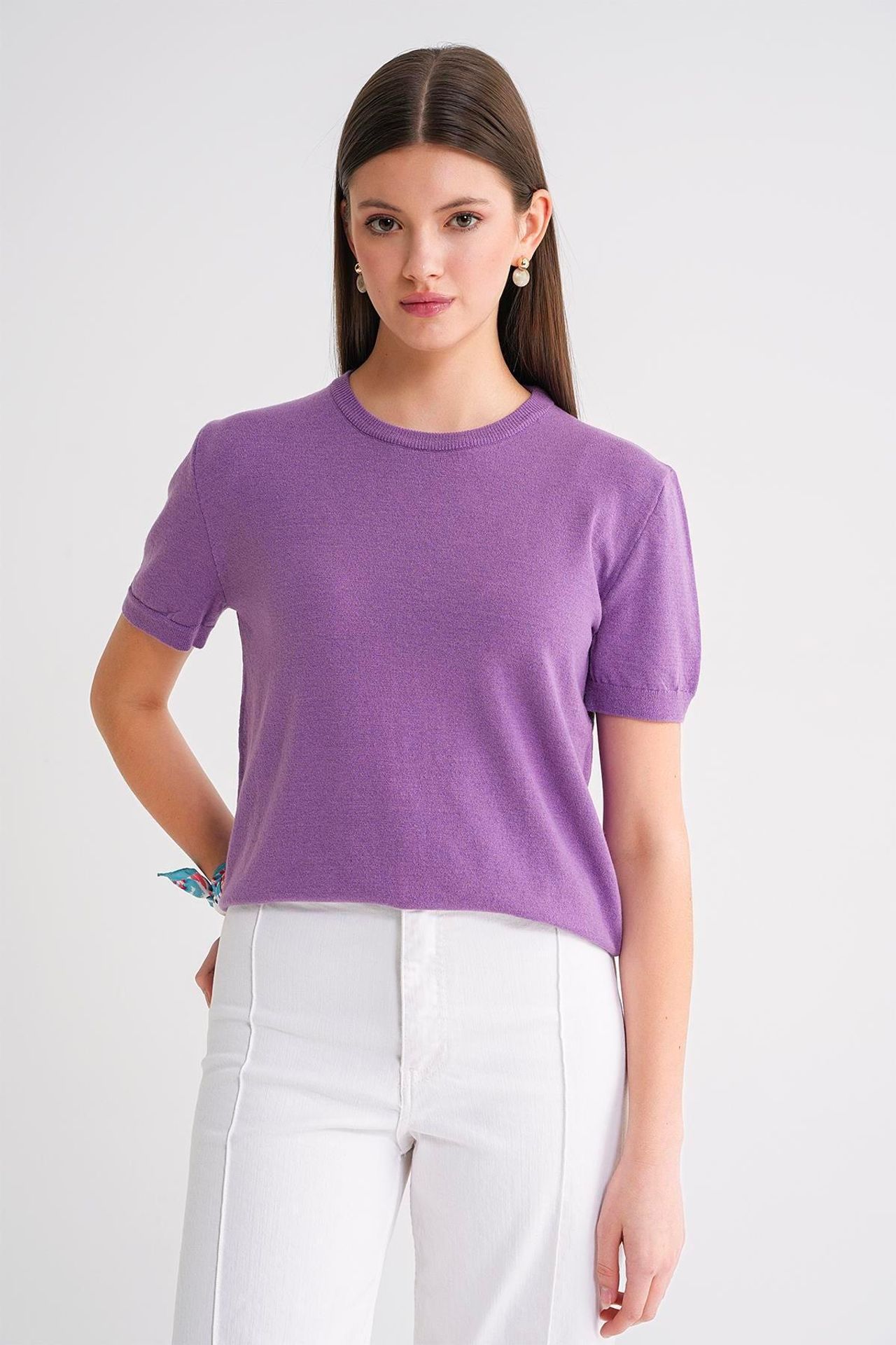 HiCCUP - Lavender Purple Mixray Crew Neck Short Sleeve Knit Sweater Women
