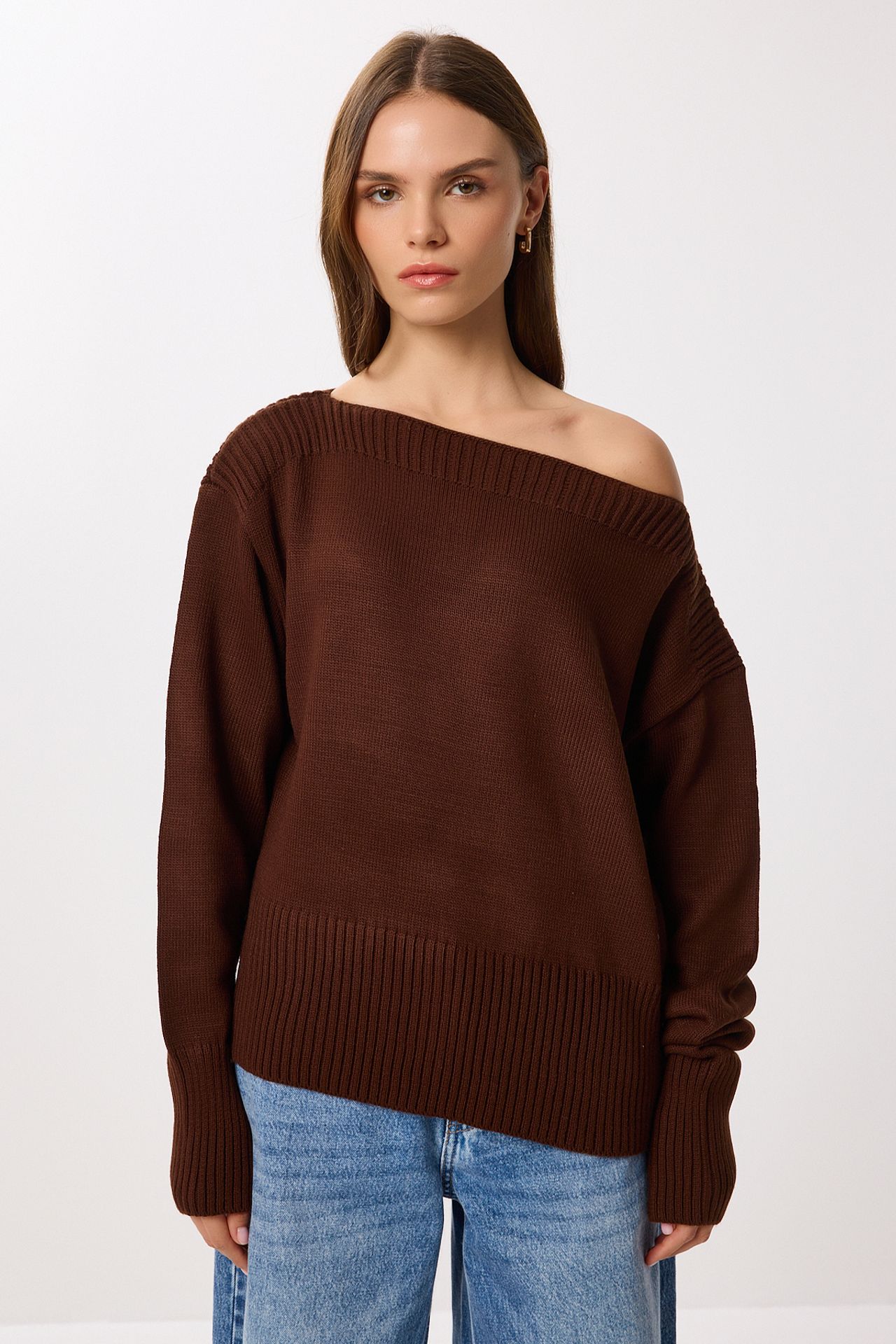 HiCCUP - Mocha Brown Istanbul Boat Neck Ribbed Sweater Women