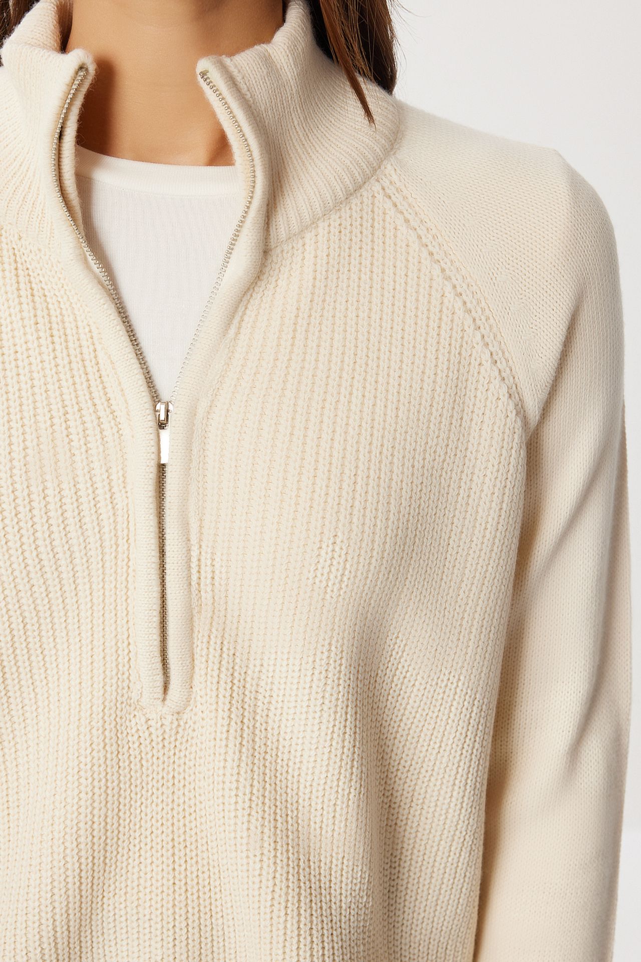 HiCCUP - Cream Natural Istanbul Ribbed Zipper Collar Knit Sweater Women