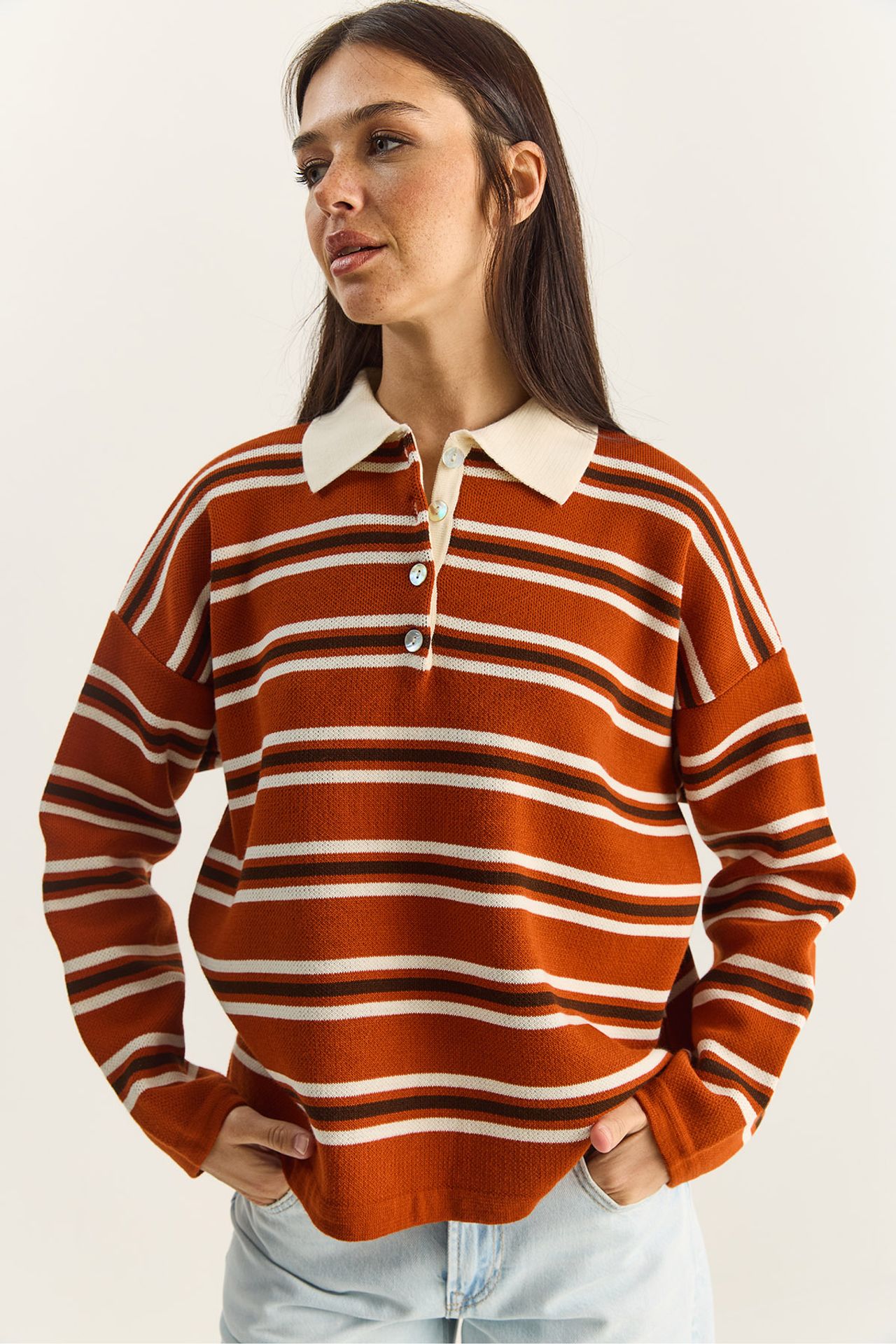 HiCCUP - Brick Red Lucci Striped Polo Collar Button Sweater Women
