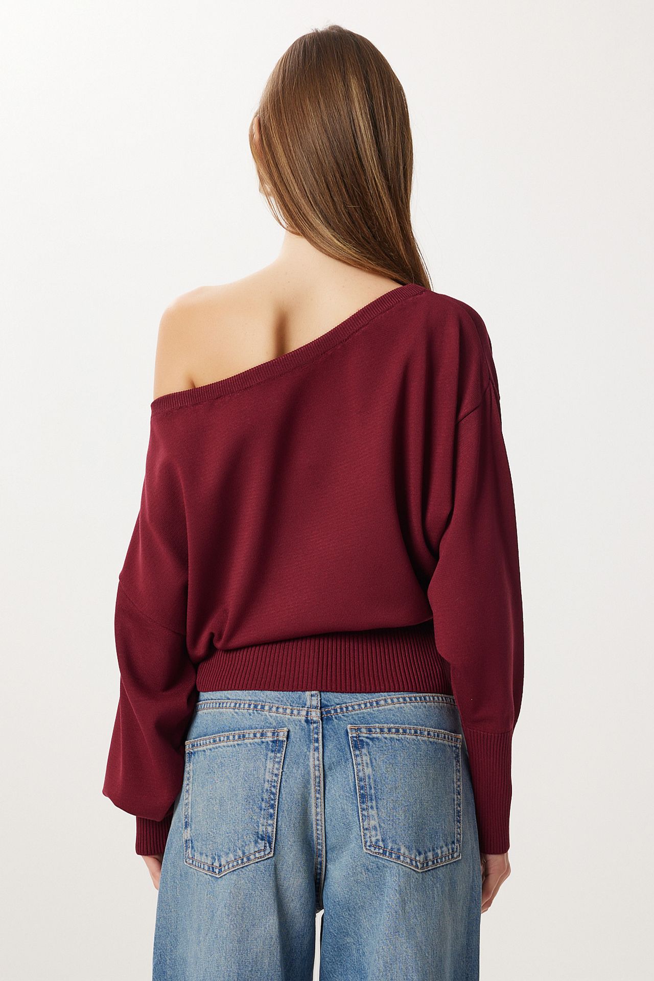 HiCCUP - Burgundy Red Istanbul Asymmetrical Collar Ribbed Knit Sweater ...