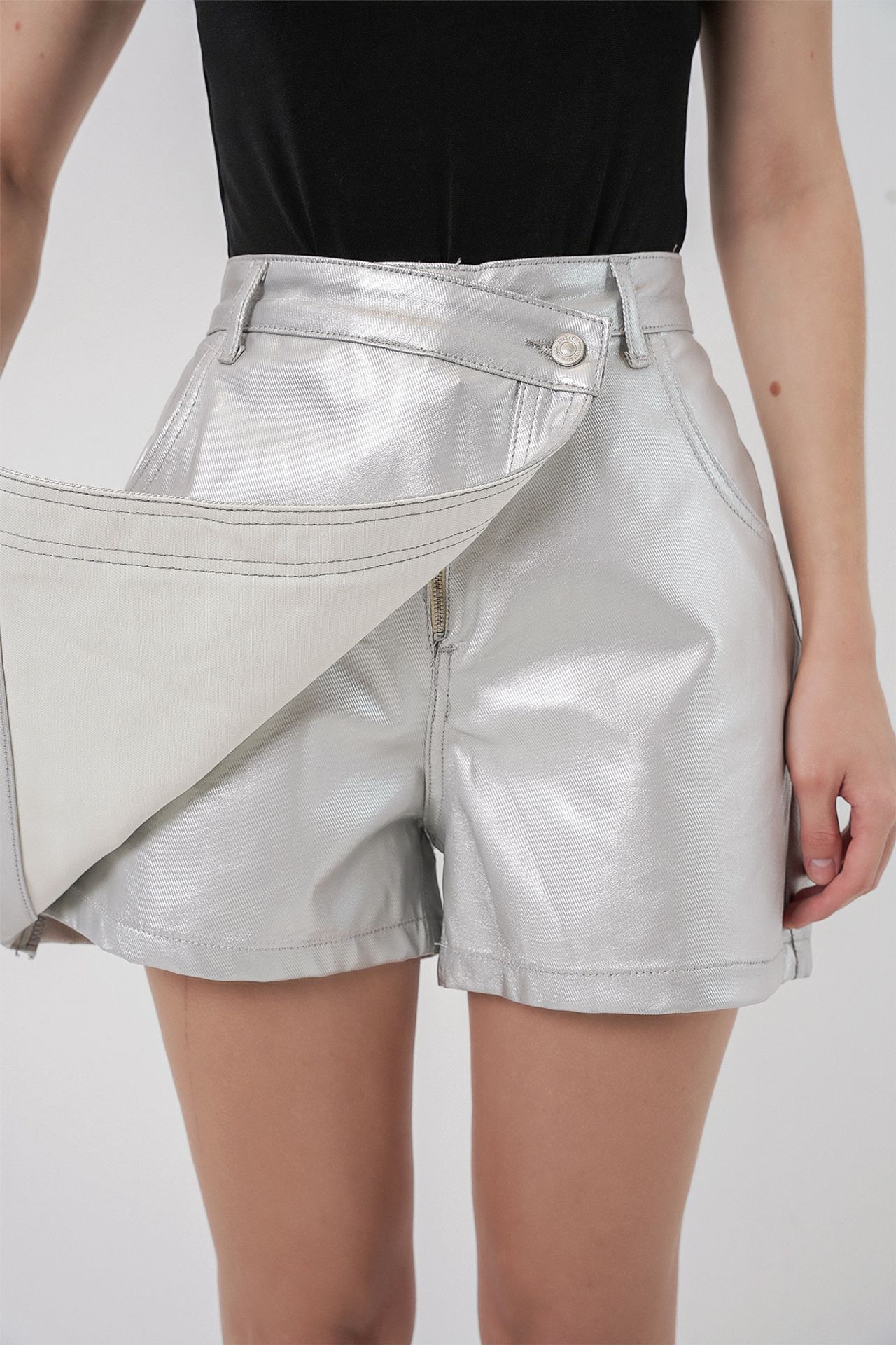 HiCCUP - Silver Grey Bdart High Waist Metallic Fabric Mini Skorts With ...