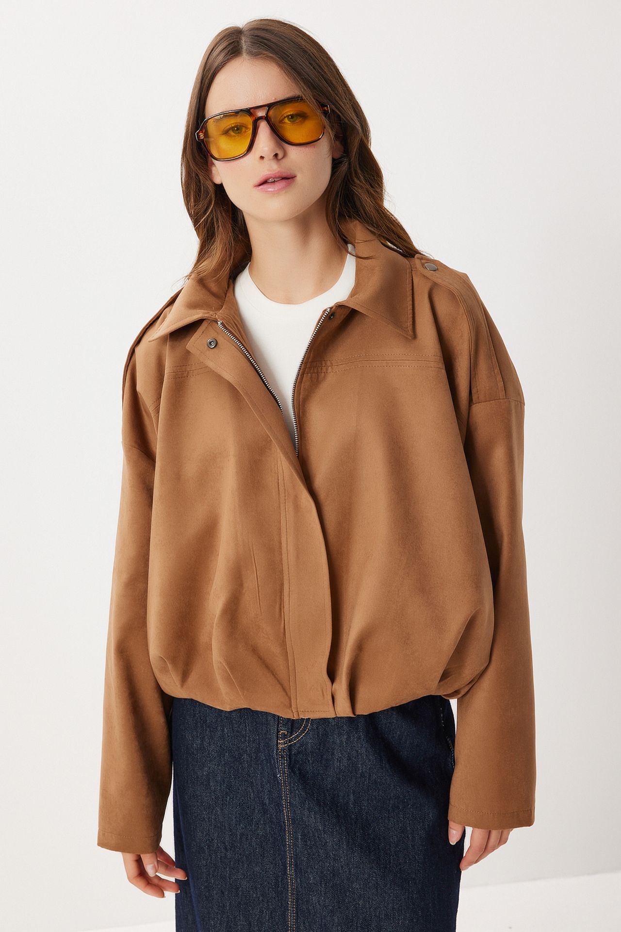 HiCCUP - Camel Brown Istanbul Suede Bomber Jacket With Zipper Closure Women