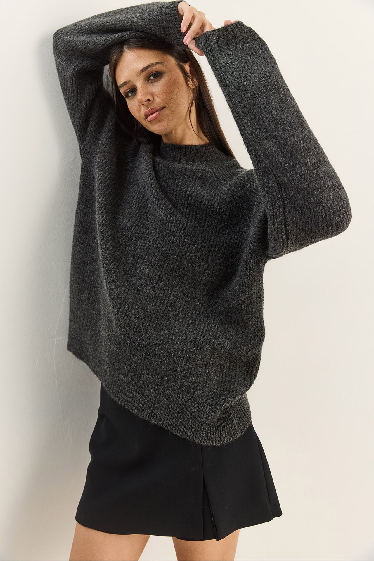 HiCCUP - Charcoal Grey Lucci Oversized Crew Neck Knit Sweater Women