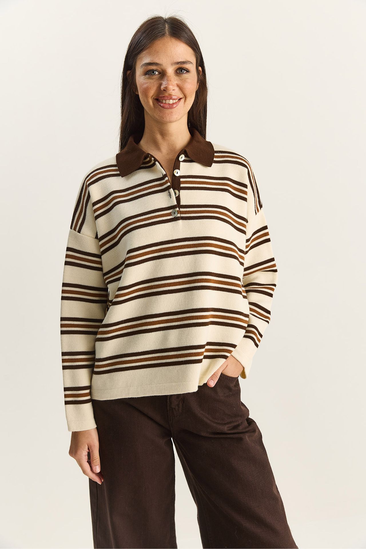 HiCCUP - Cream Natural Lucci Striped Polo Collar Button Sweater Women