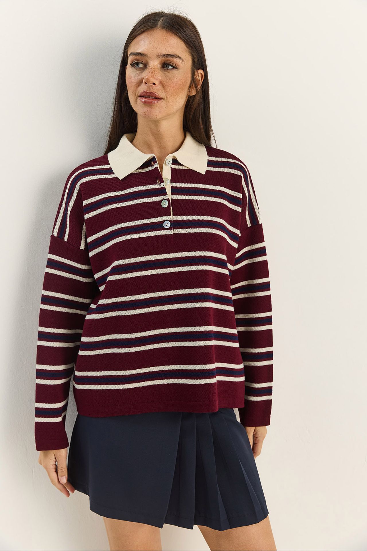 HiCCUP - Burgundy Red Lucci Striped Polo Collar Button Sweater Women