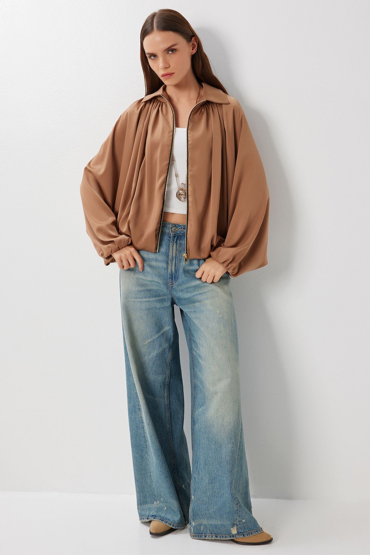 HiCCUP - Camel Brown Istanbul Satin Weave Bomber Jacket With Zipper ...