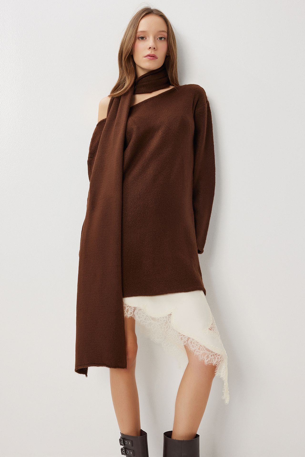 HiCCUP - Mocha Brown Istanbul Oversized Boat Neck Sweater With Scarf Women