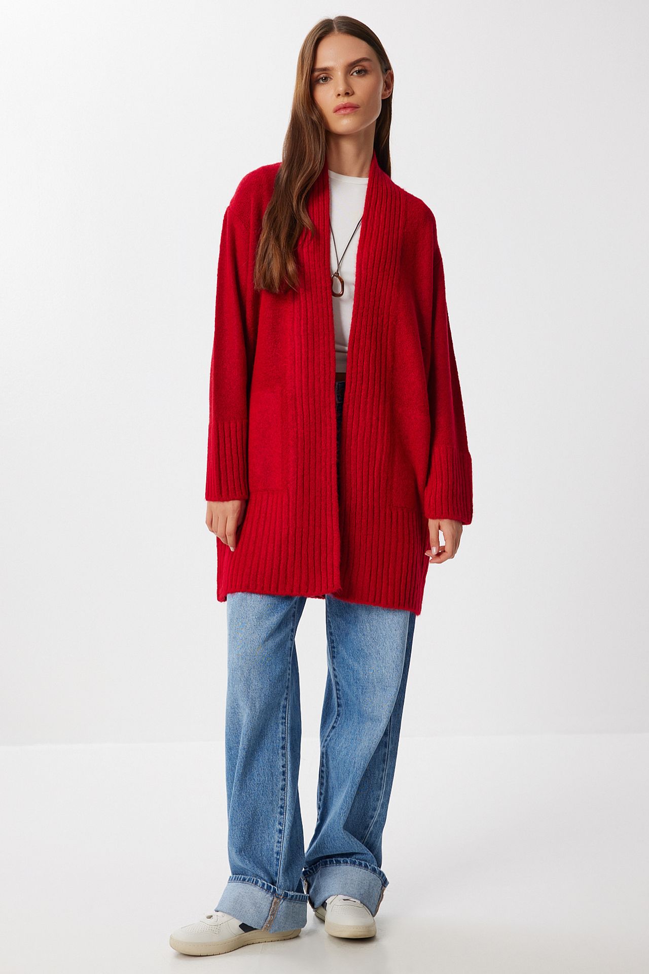 HiCCUP - Red Istanbul Textured Knit Cardigan With Pockets Women