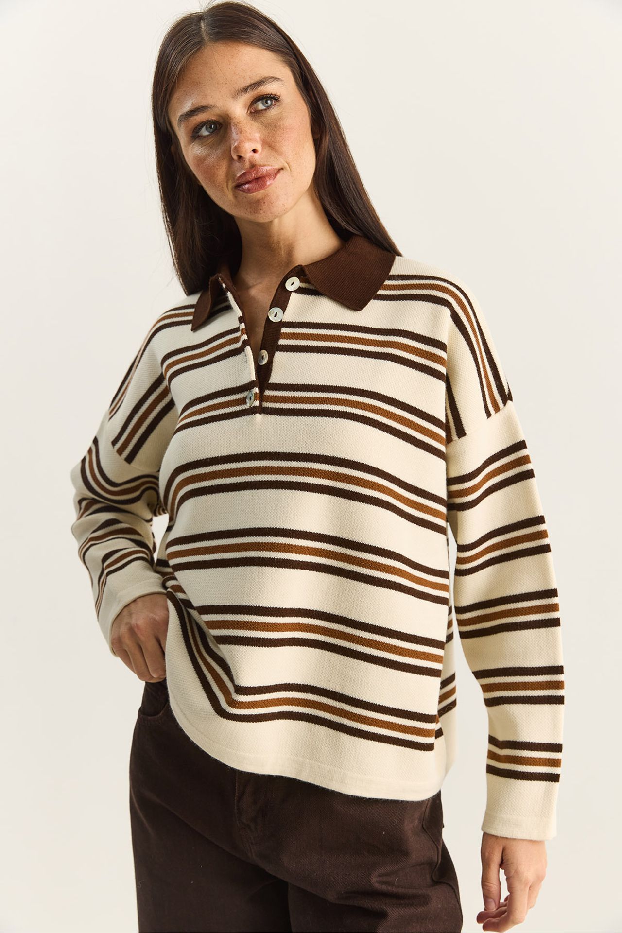 HiCCUP - Cream Natural Lucci Striped Polo Collar Button Sweater Women