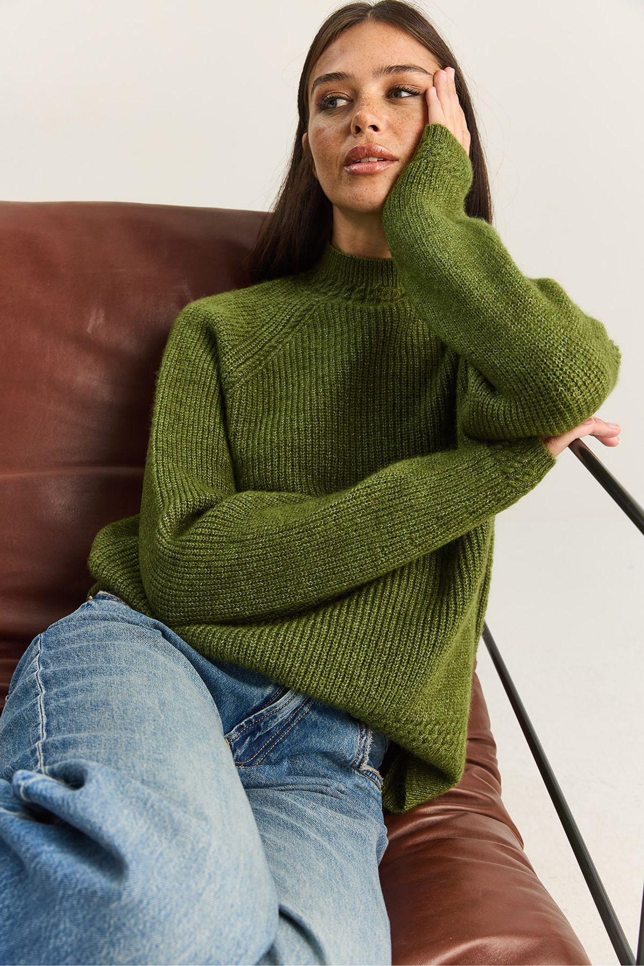 HiCCUP - Khaki Green Lucci Oversized Crew Neck Knit Sweater Women