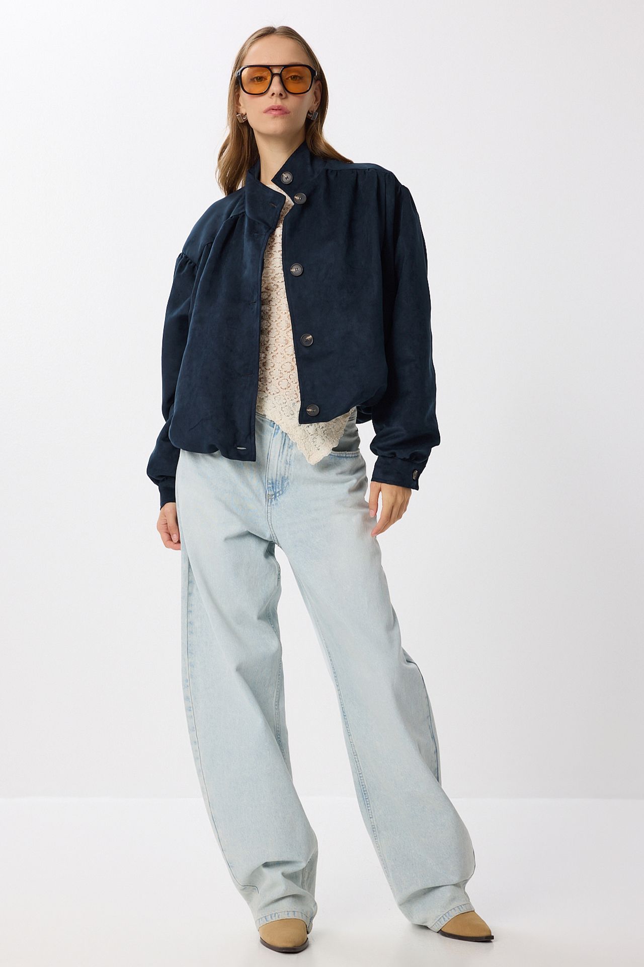 HiCCUP - Navy Blue Istanbul Buttoned Suede Bomber Jacket Women