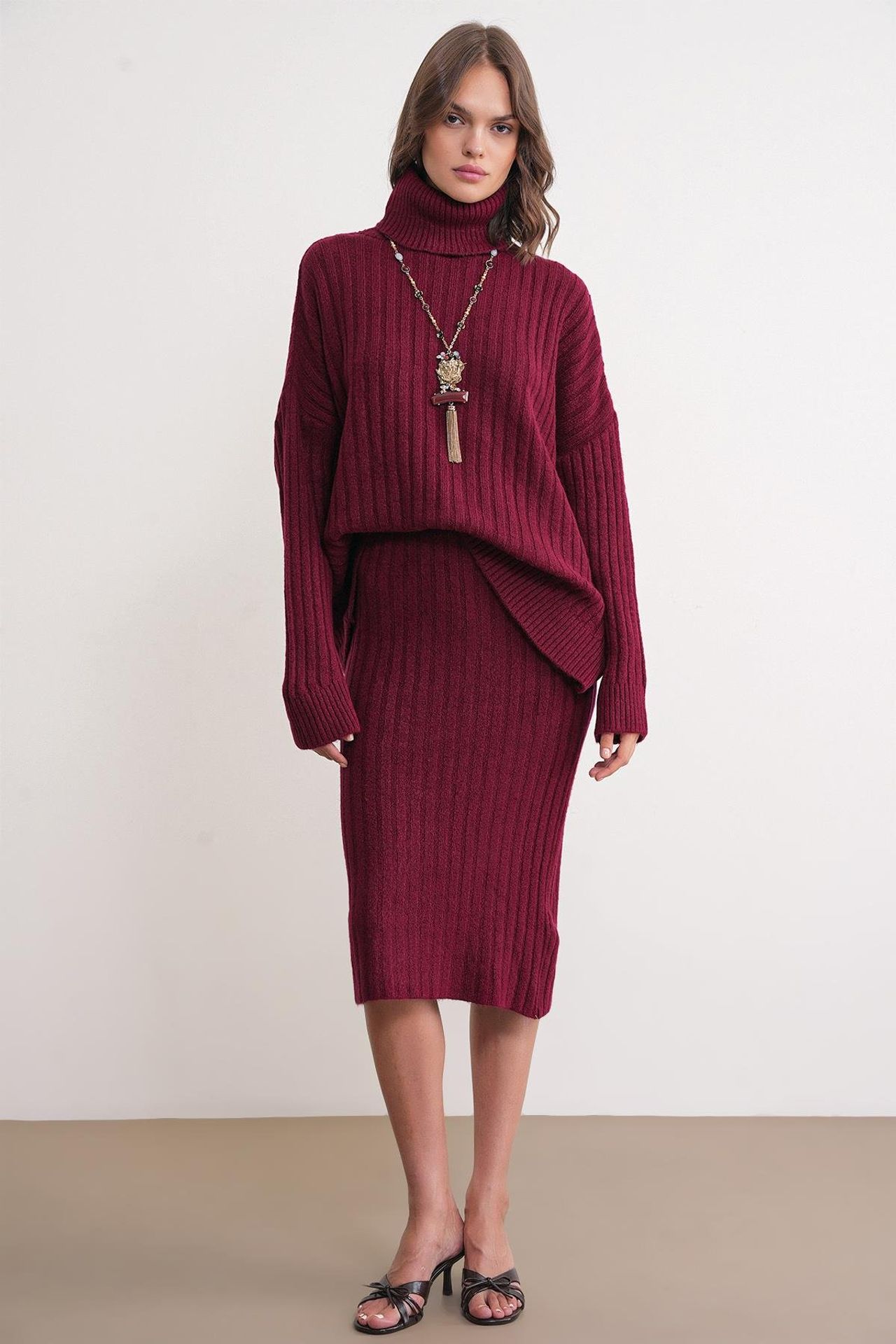 HiCCUP - Burgundy Red Mixray High Waist Ribbed Knit Skirt Women