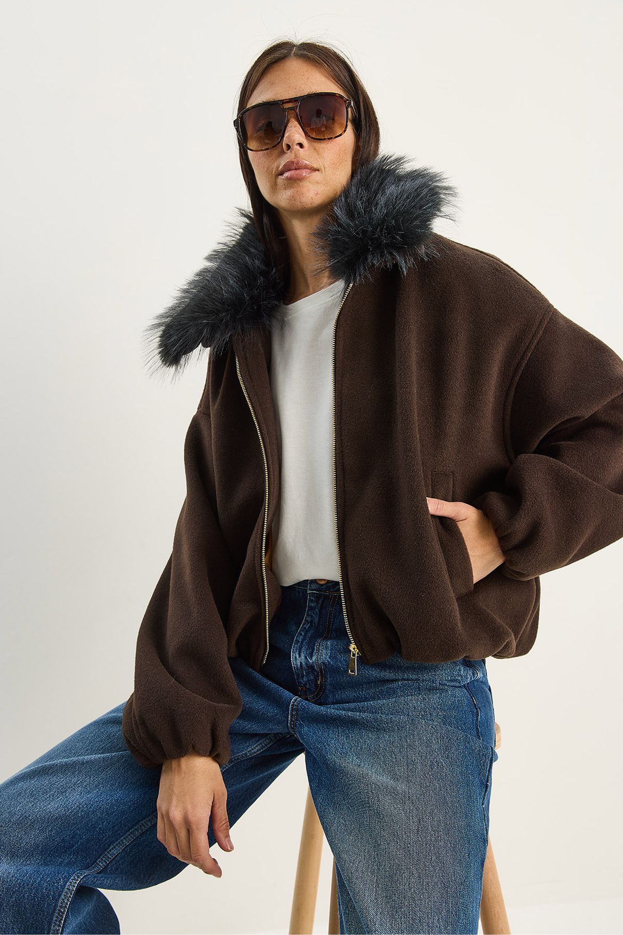 HiCCUP - Dark Mocha Brown Lucci Oversized Zipper Jacket With Fur Collar ...