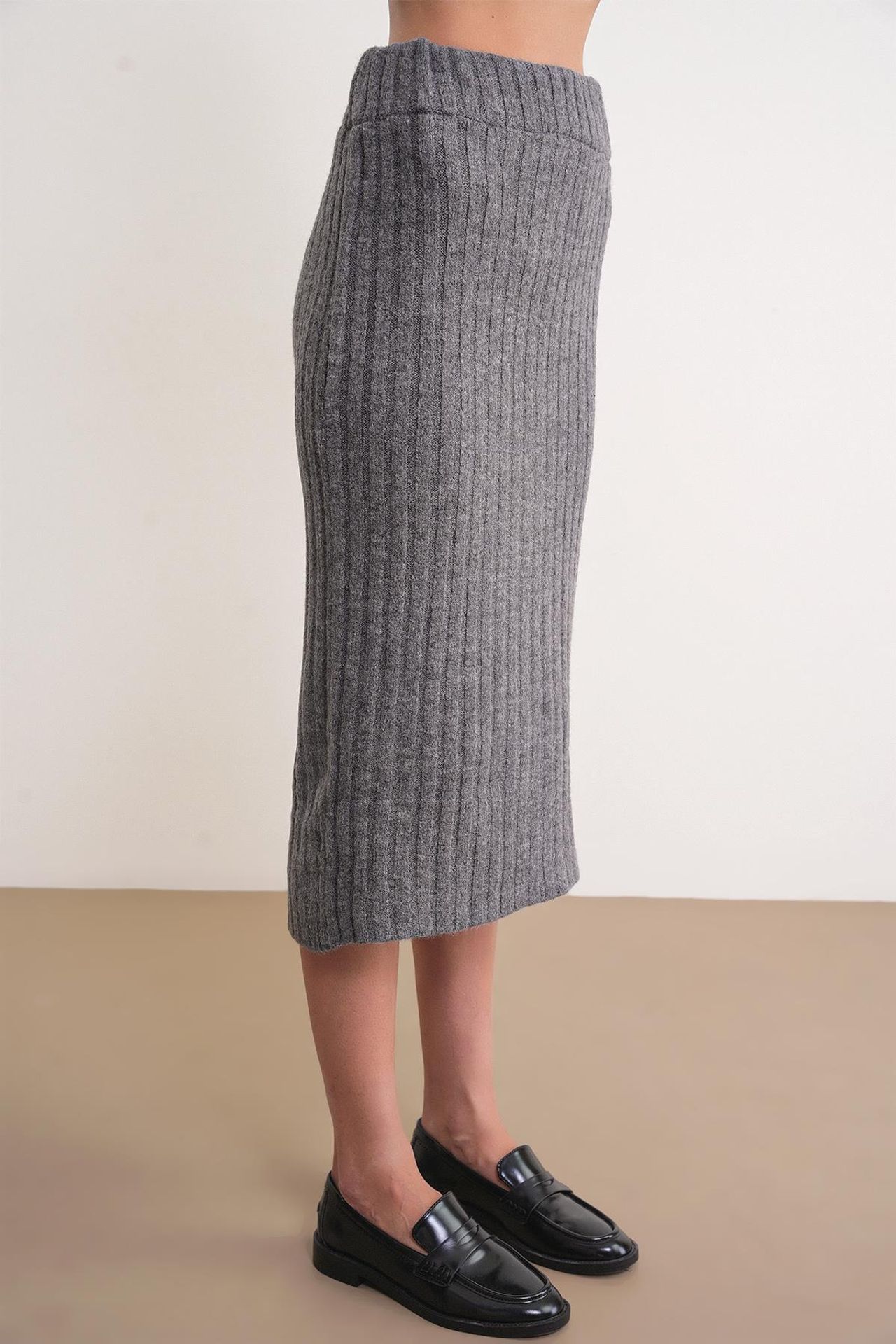 HiCCUP - Dark Grey Mixray High Waist Ribbed Knit Skirt Women