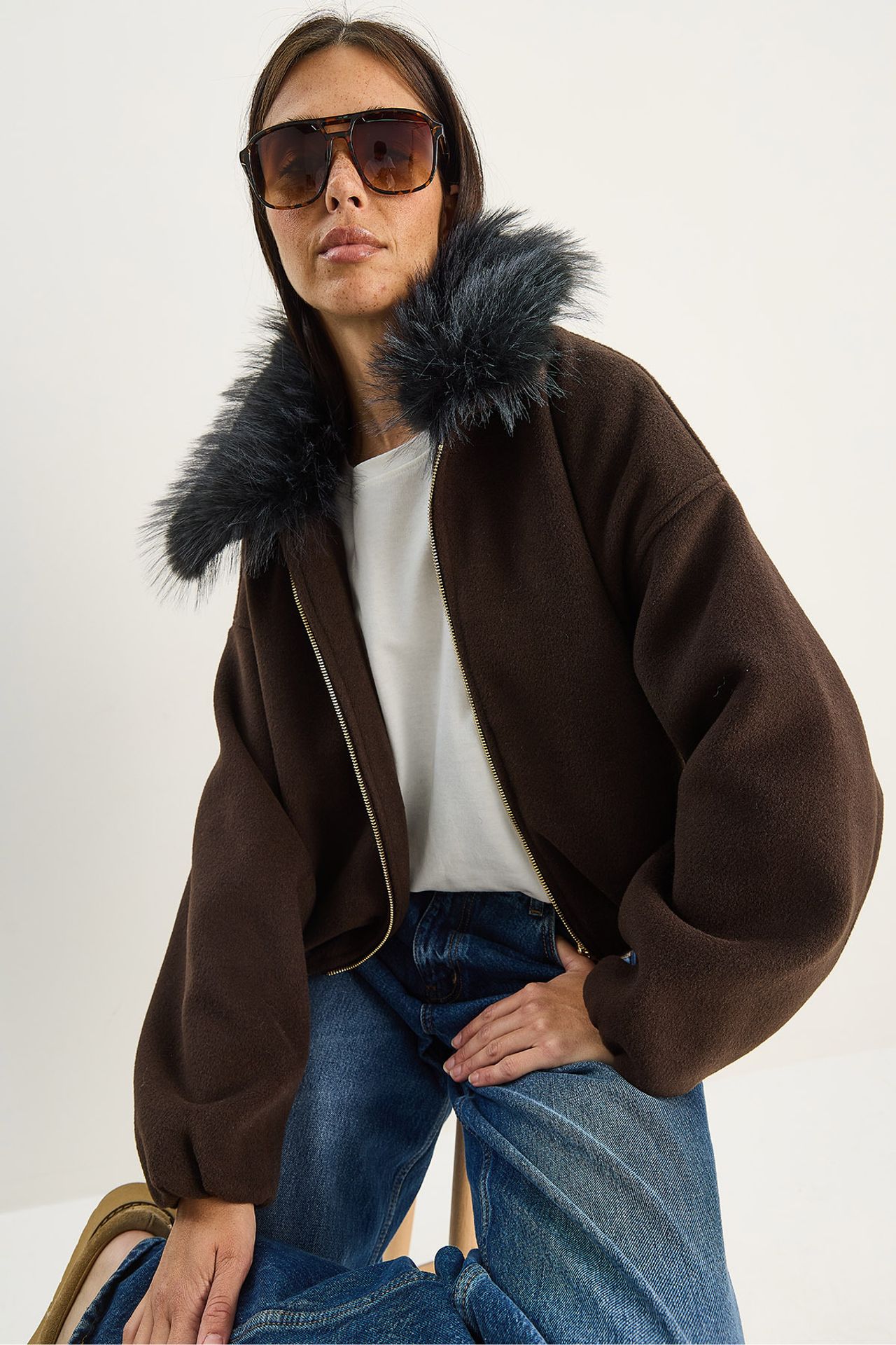 HiCCUP - Dark Mocha Brown Lucci Oversized Zipper Jacket With Fur Collar ...