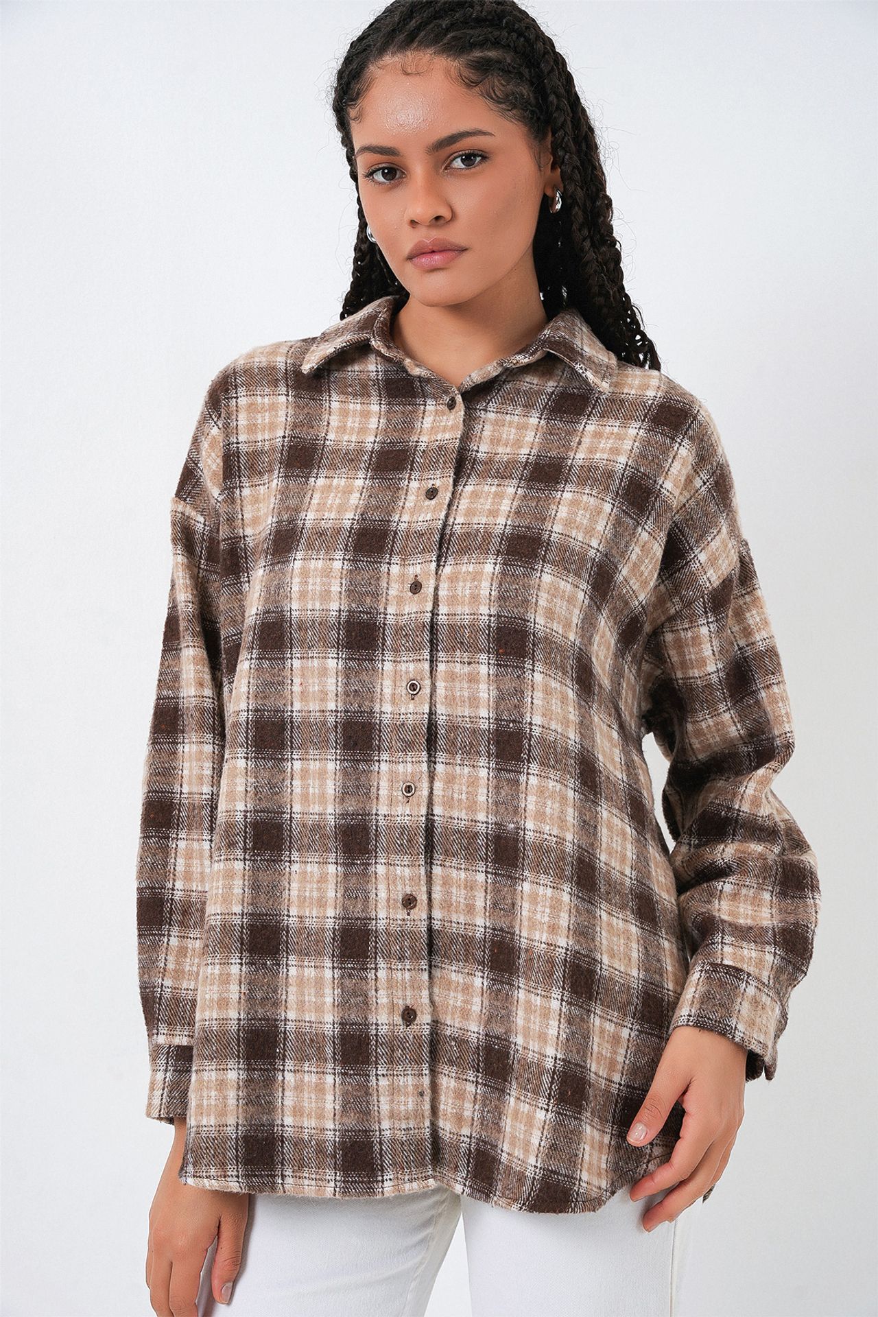 HiCCUP - Mocha Brown Bdart Regular Fit Flannel Shirt Women