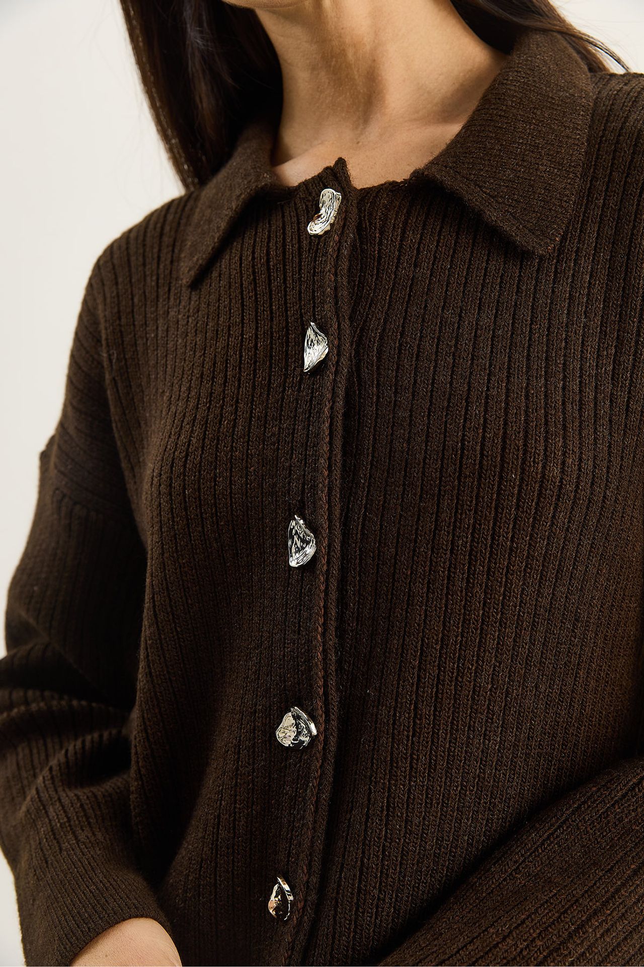 HiCCUP - Dark Mocha Brown Lucci Knit Cardigan With Button Closure Women