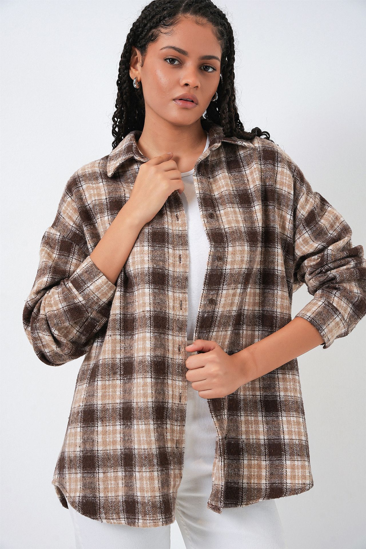 HiCCUP - Mocha Brown Bdart Regular Fit Flannel Shirt Women
