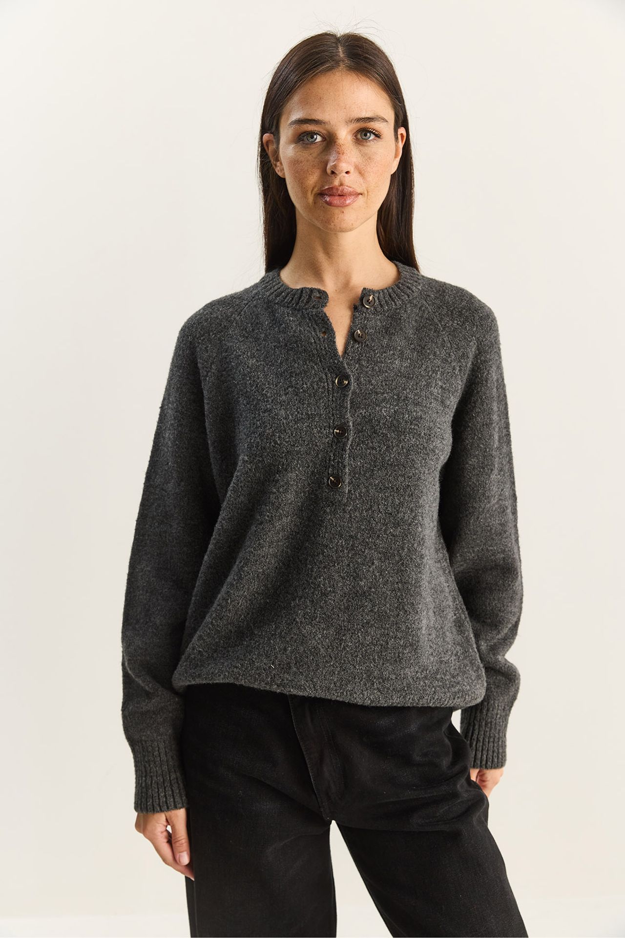 HiCCUP - Charcoal Grey Lucci Relaxed Fit Button Collar Knit Sweater Women