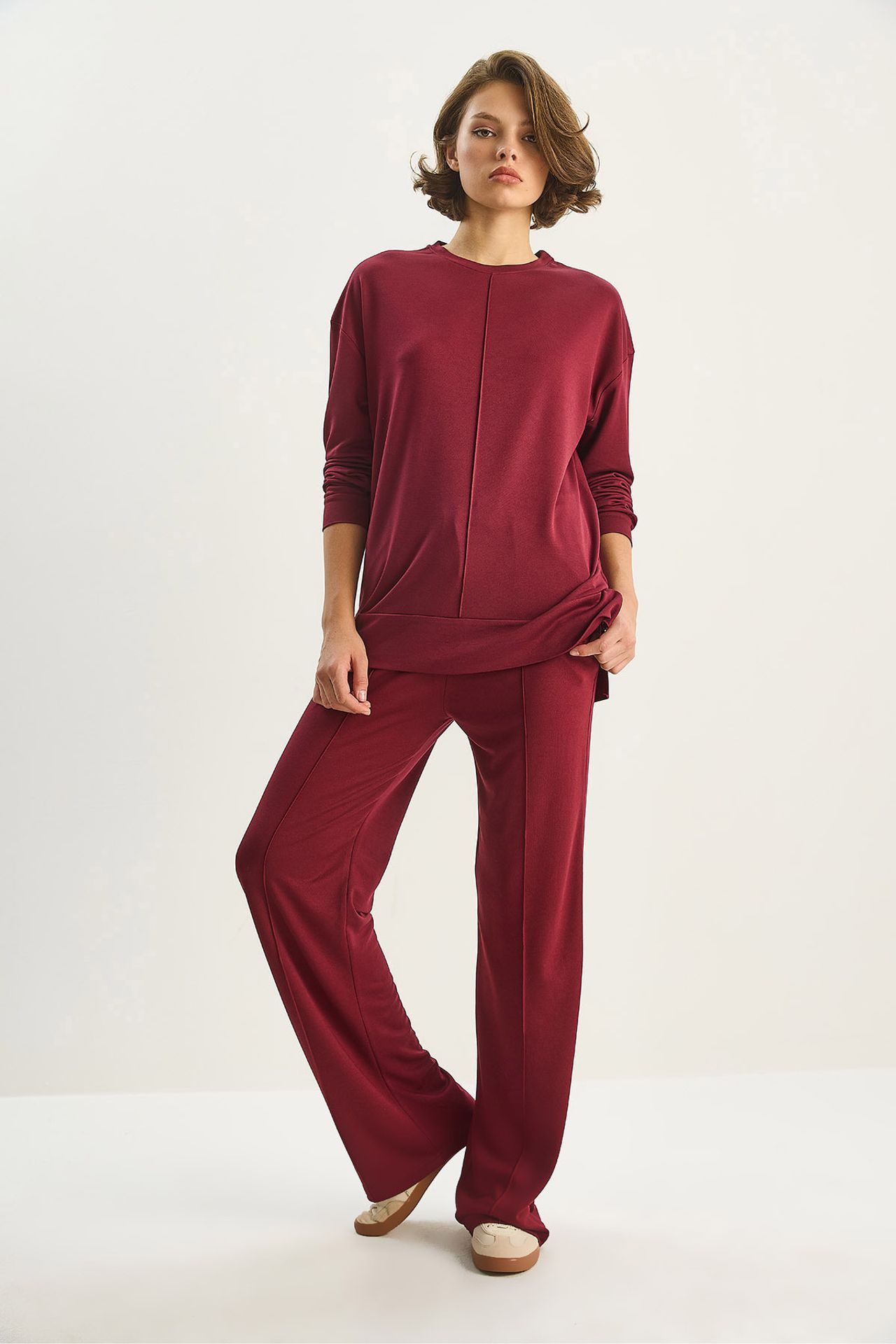 HiCCUP - Burgundy Red Lucci High Waist Wide Leg Knitted Two-piece Set ...