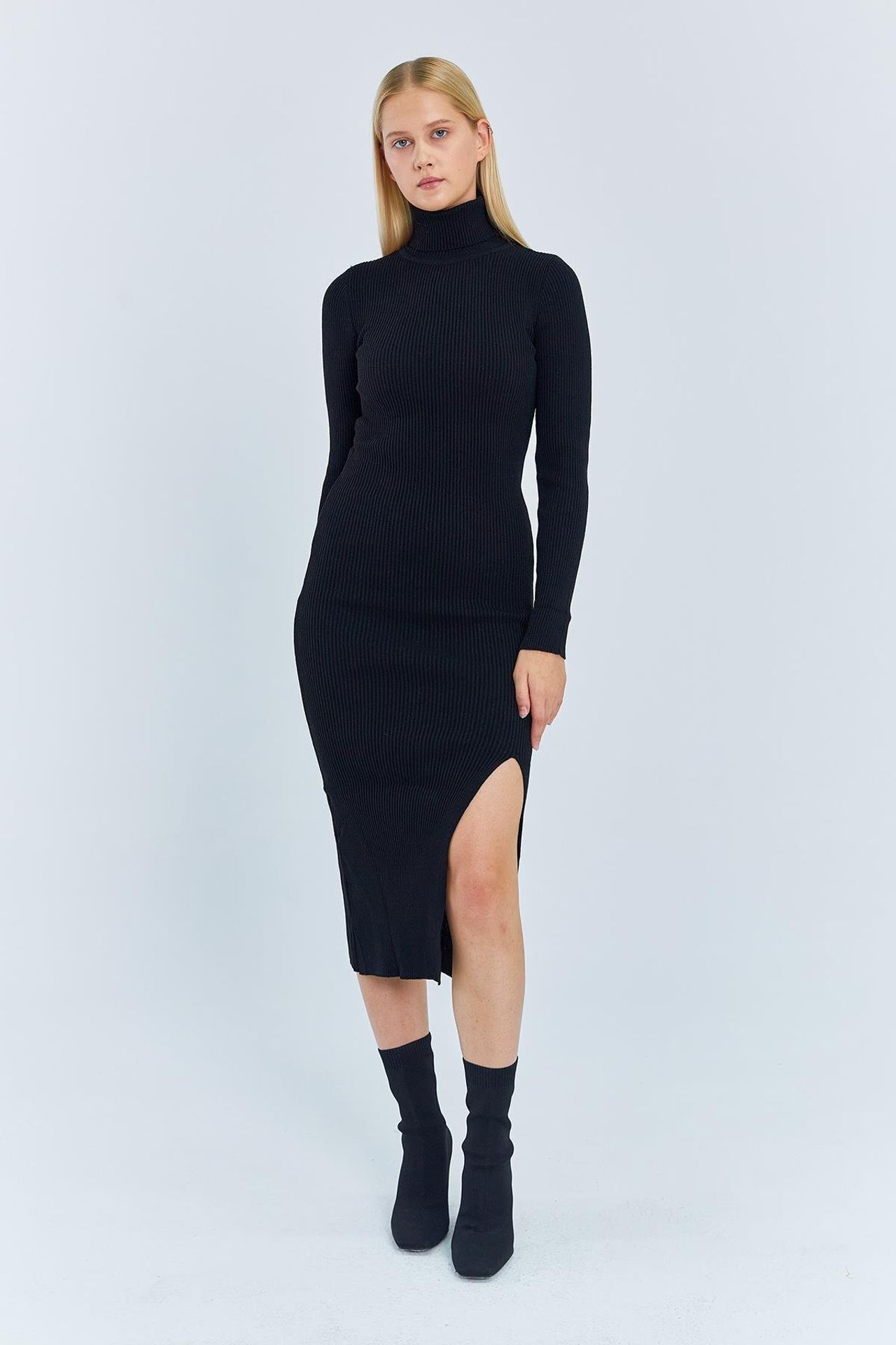 HiCCUP - Black Mixray Turtleneck Midi Knit Dress With Slit Women