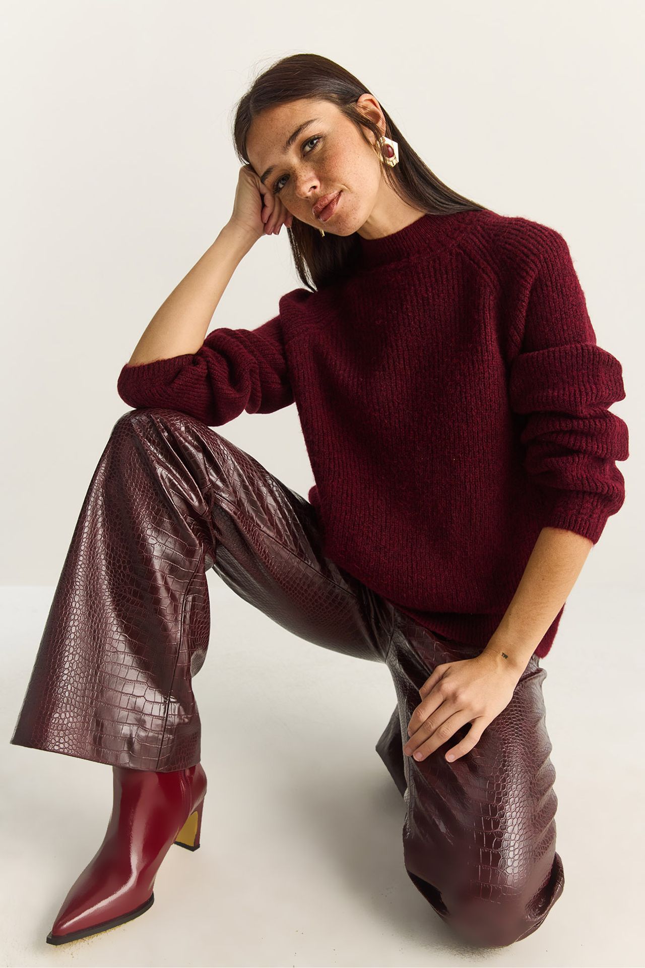 HiCCUP - Burgundy Red Lucci Oversized Crew Neck Knit Sweater Women