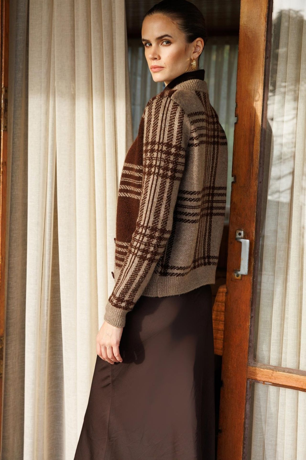 HiCCUP - Beige Natural Mixray Plaid Checkered Knit Cardigan With Button ...