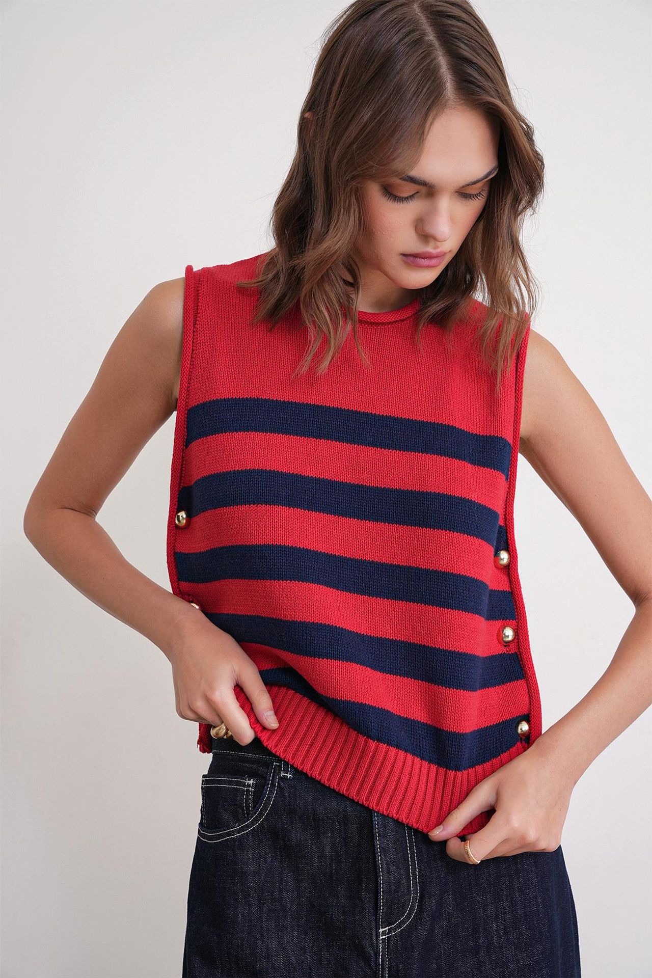 HiCCUP - Red Mixray Striped Knit Top With Button Detail Women