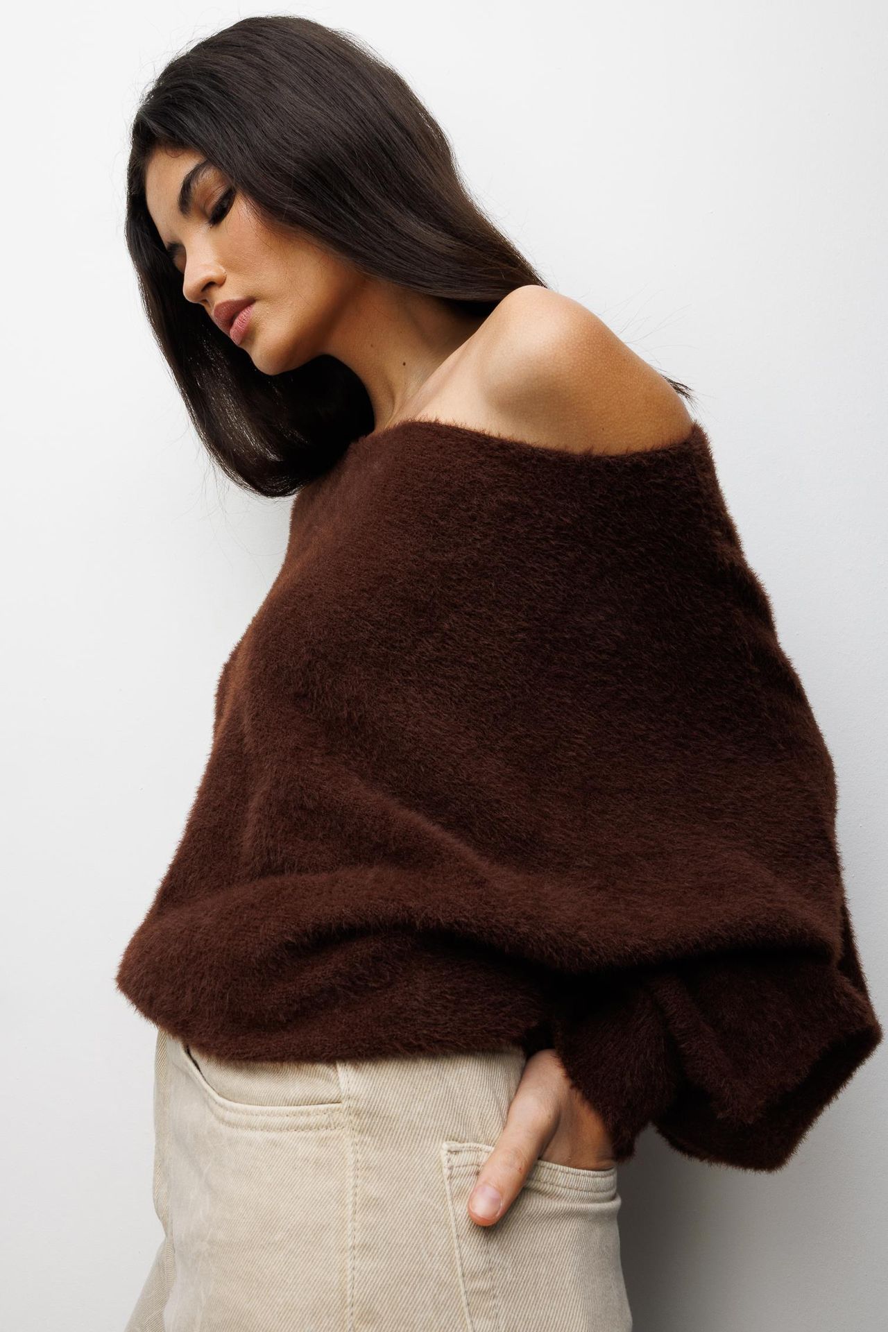 HiCCUP - Coffee Brown Mixray Relaxed Fit Knit Boat Neck Sweater Women