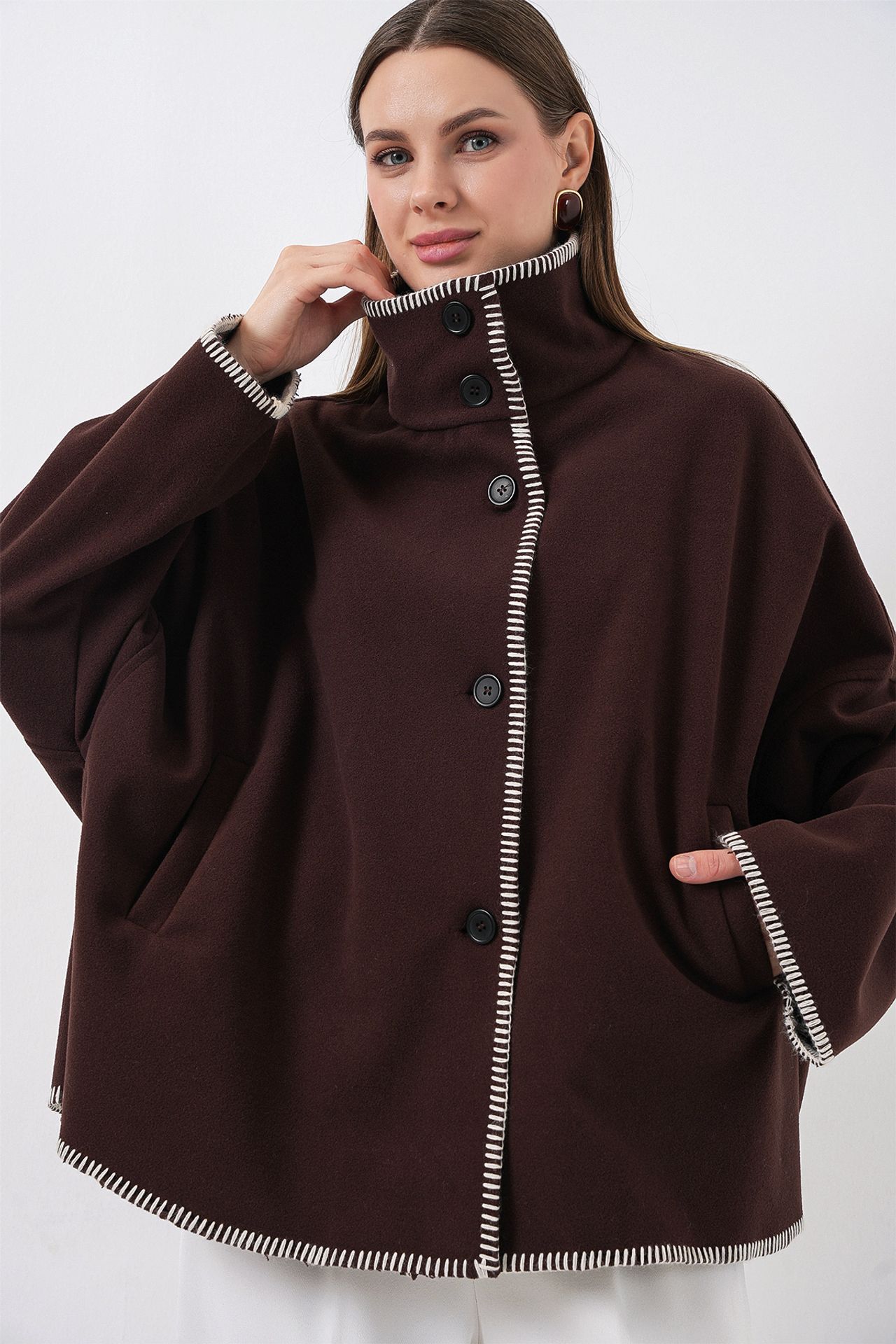 HiCCUP - Mocha Brown Bdart Textured Topstitch Detailed Jacket With Half ...