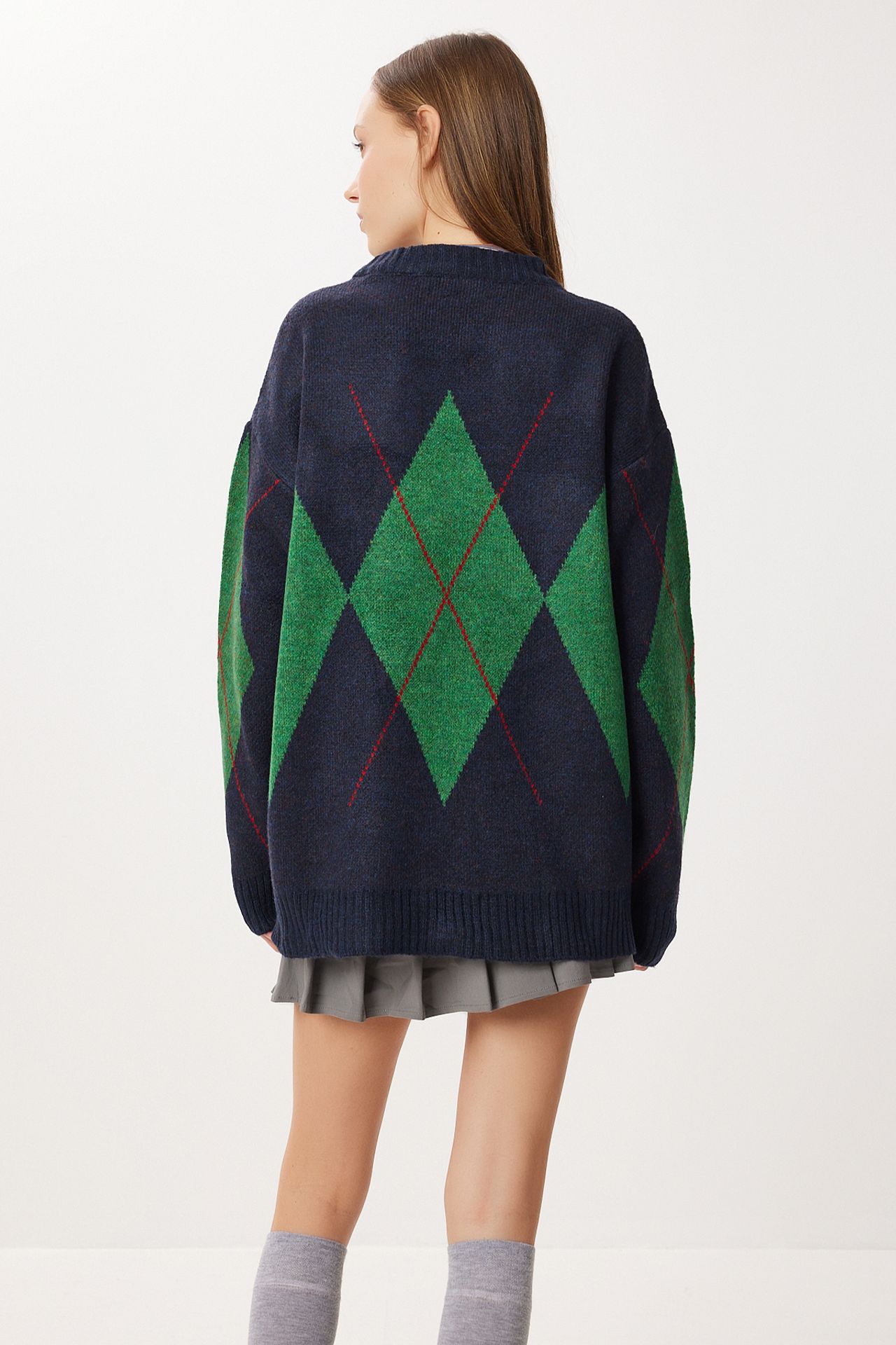 HiCCUP - Green Istanbul Oversized Sweater With Argyle Pattern Women